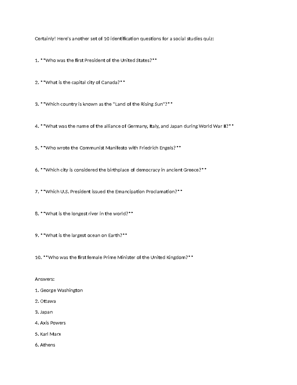 Soc Studies Pre Quiz 2 - Certainly! Here's another set of 10 ...