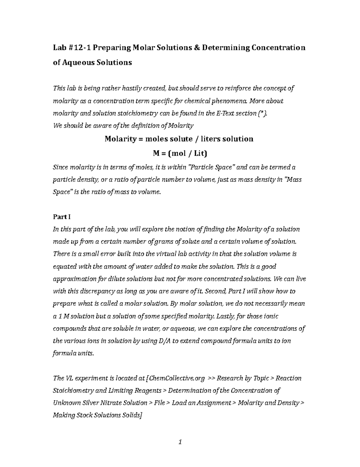 Lab #12-1 Molarity (1) Sp21 - Lab #12-1 Preparing Molar Solutions ...