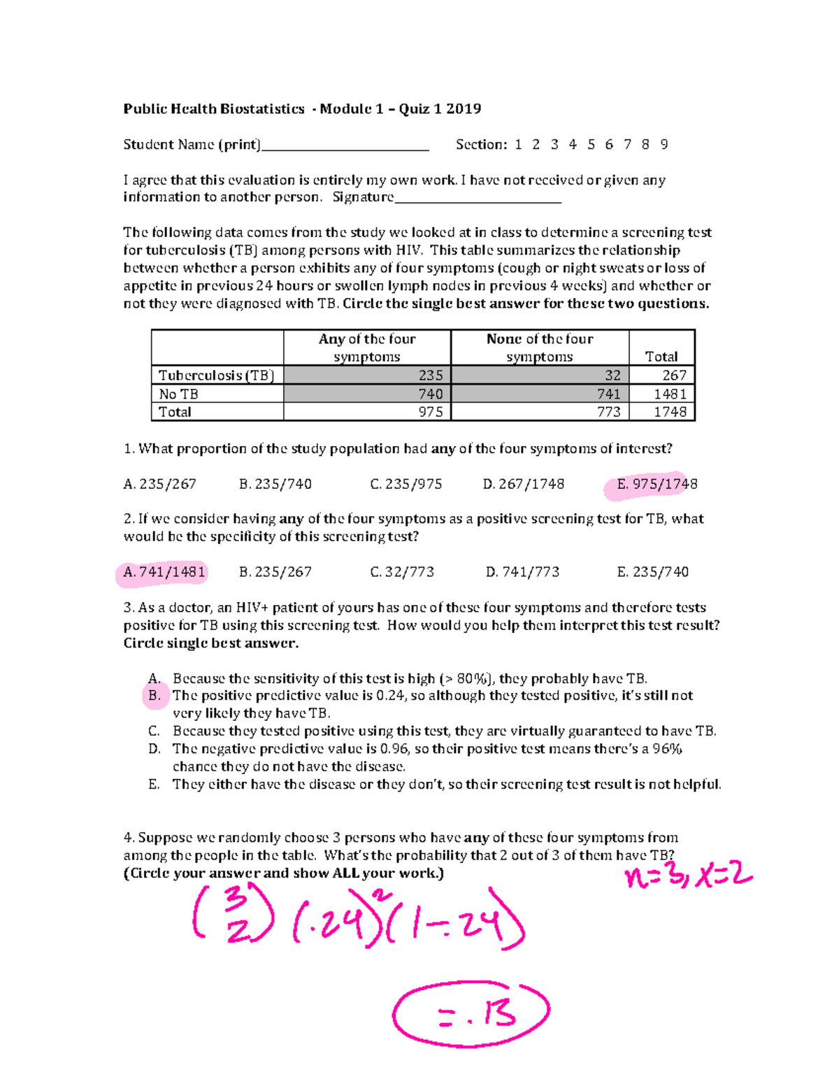 Module 1 quiz 2019 - **Public Health Biostatistics - Module 1 3 Quiz 1 20 19 ** Student Name ...