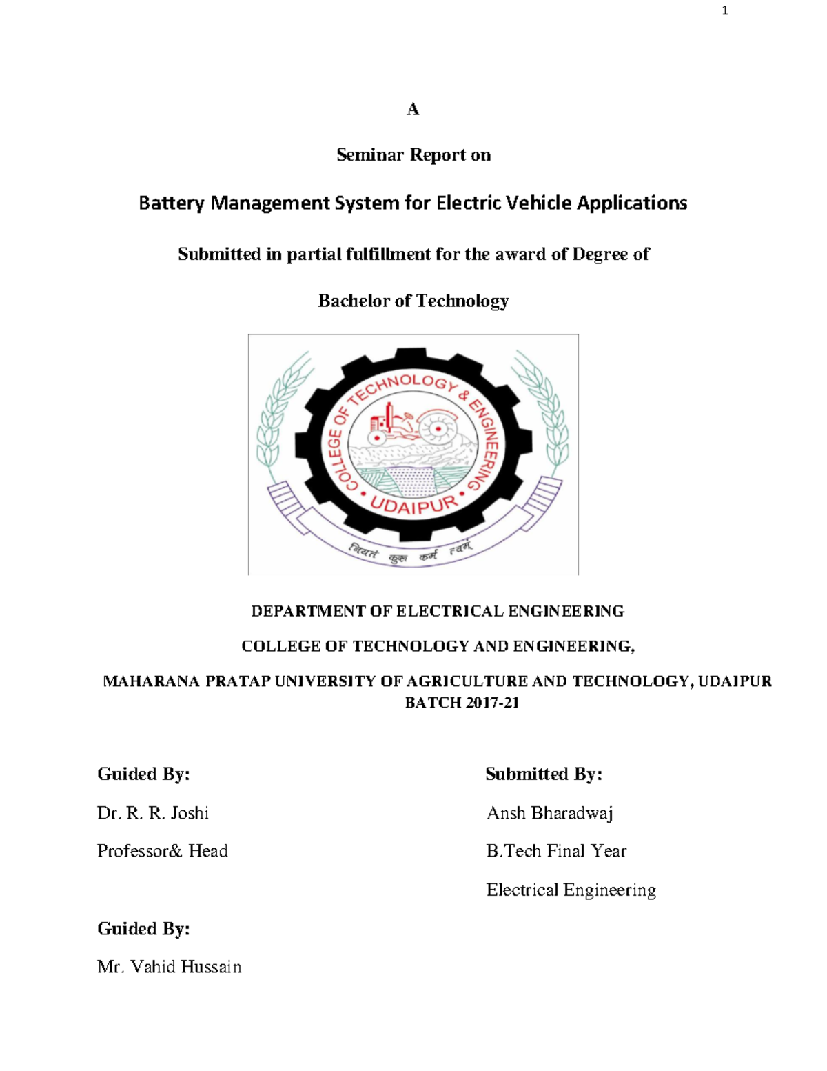 Battery Management Systems - R. R. Joshi Ansh Bharadwaj Professor& Head ...