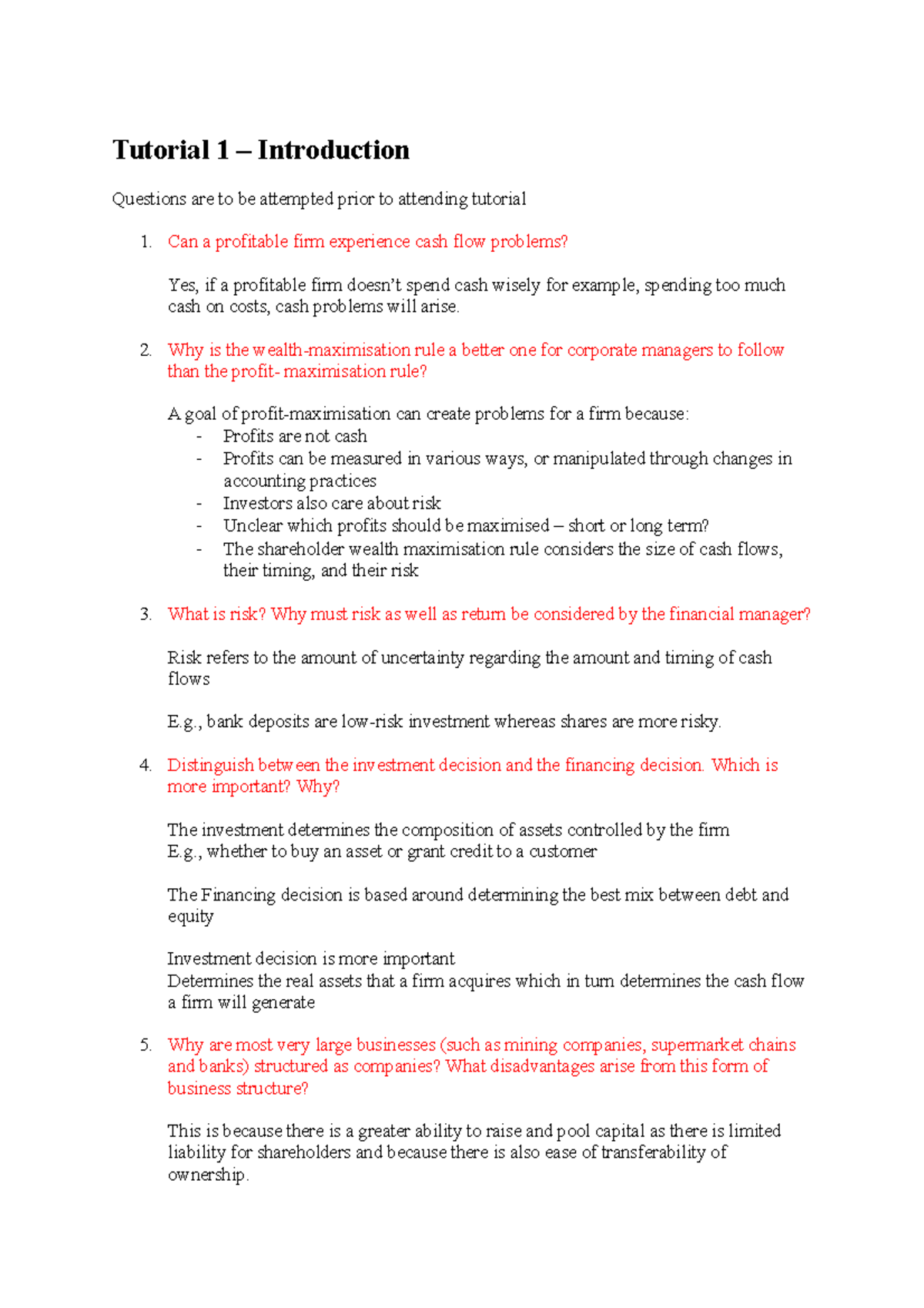 Tutorial 1 Questions and Answers - Tutorial 1 – Introduction Questions ...