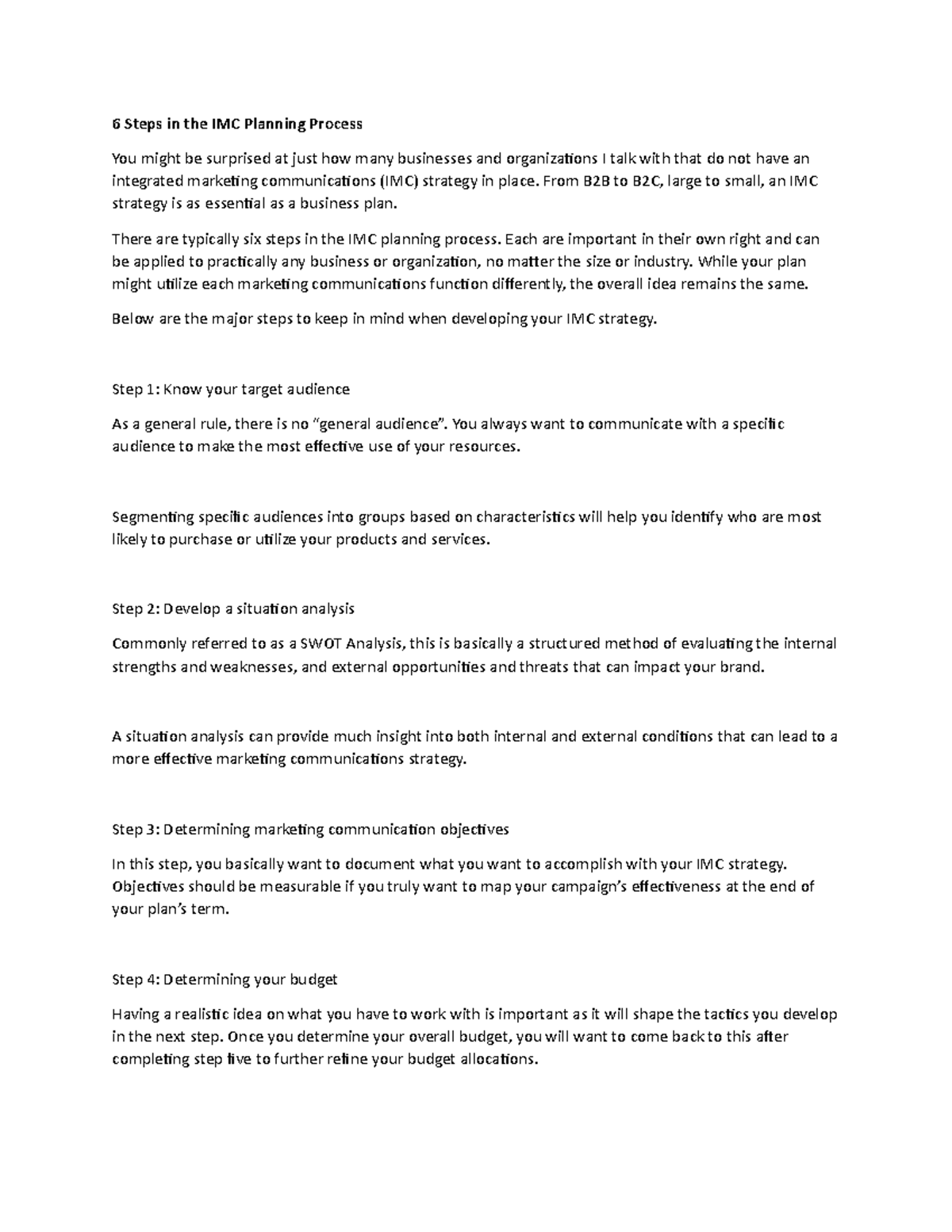 6 Steps in the IMC Planning Process - From B2B to B2C, large to small ...