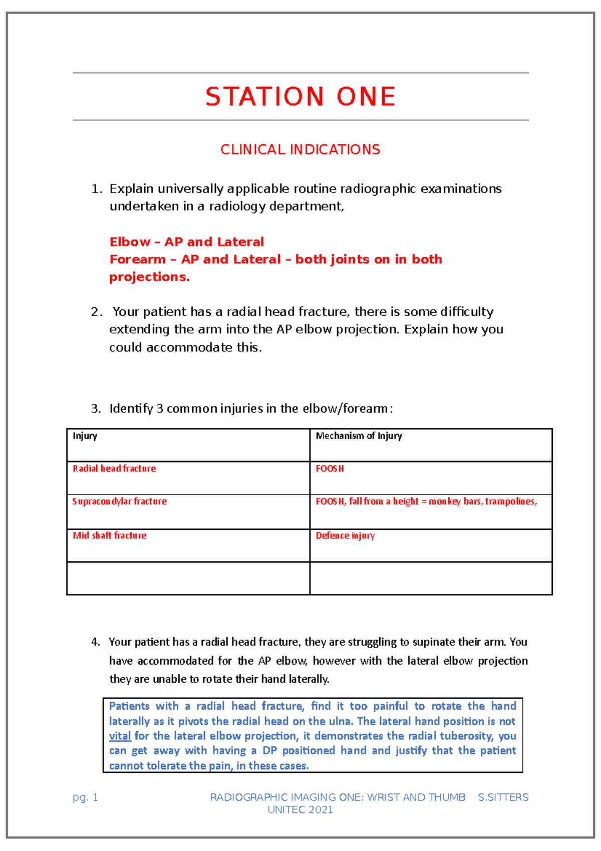 Elbow workbook RI - STATION ONE CLINICAL INDICATIONS 1. Explain ...