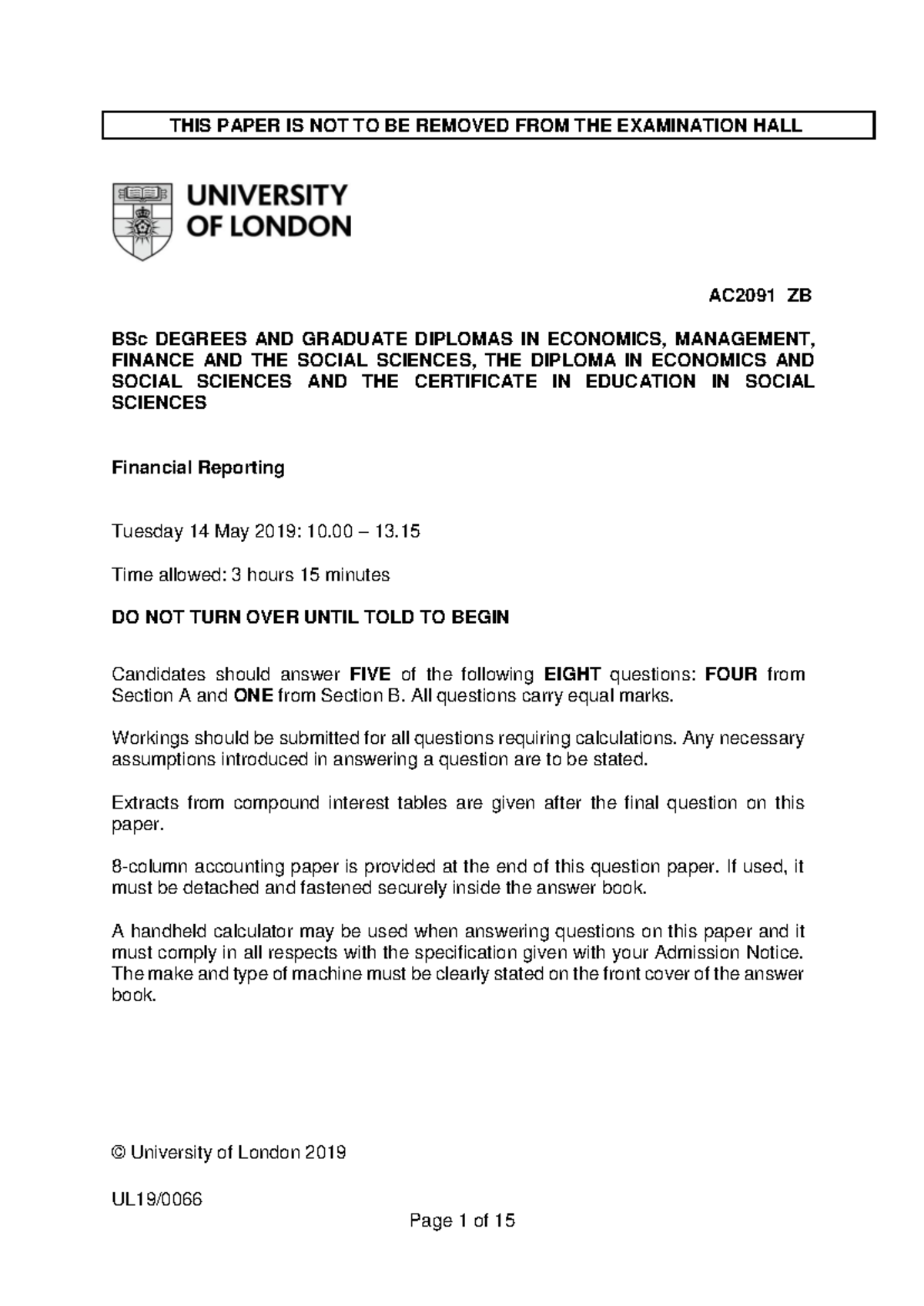 AC2091 ZB 2019 - UL19/ THIS PAPER IS NOT TO BE REMOVED FROM THE ...