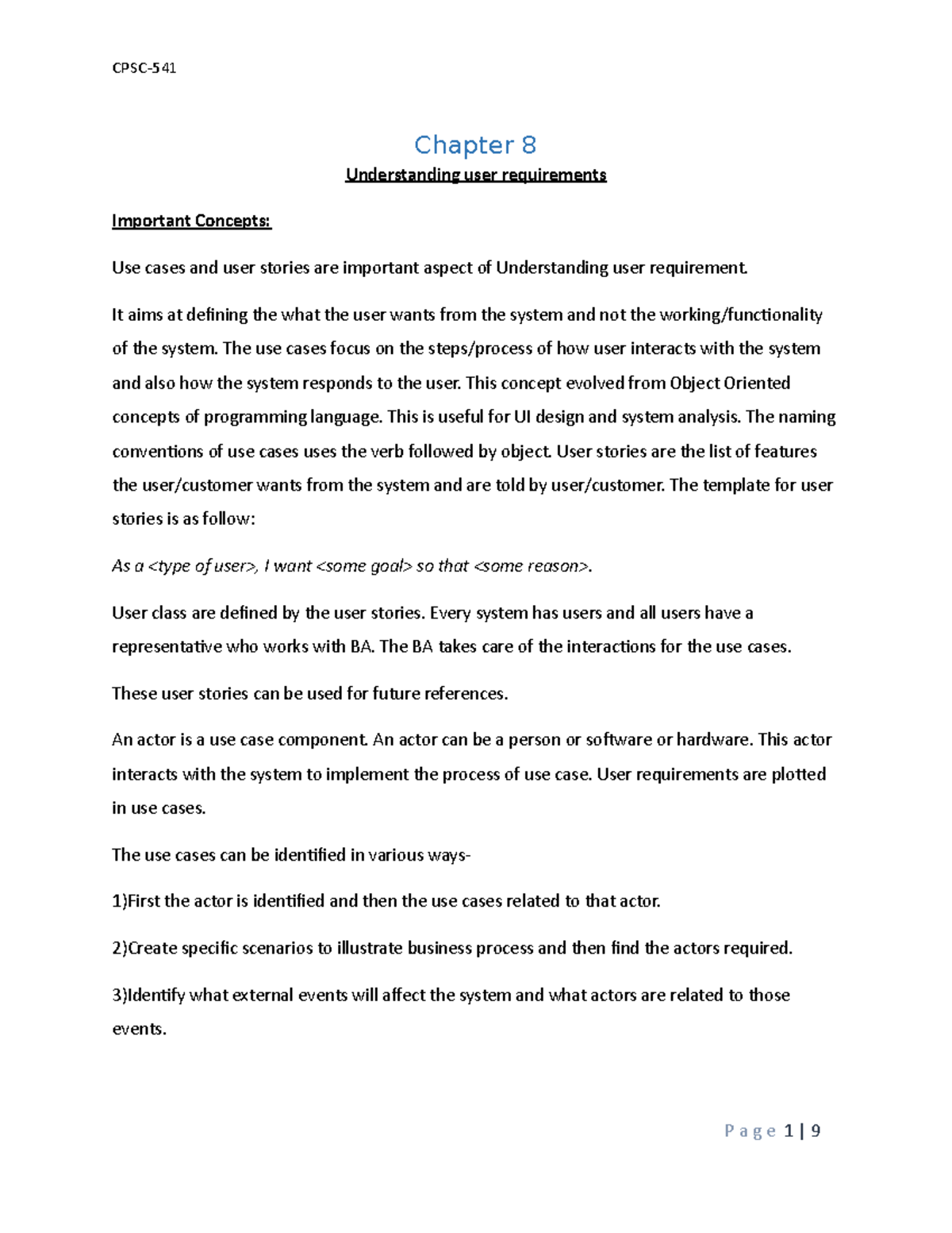 Summary 8-10 - Chapter 8 Understanding user requirements Important ...