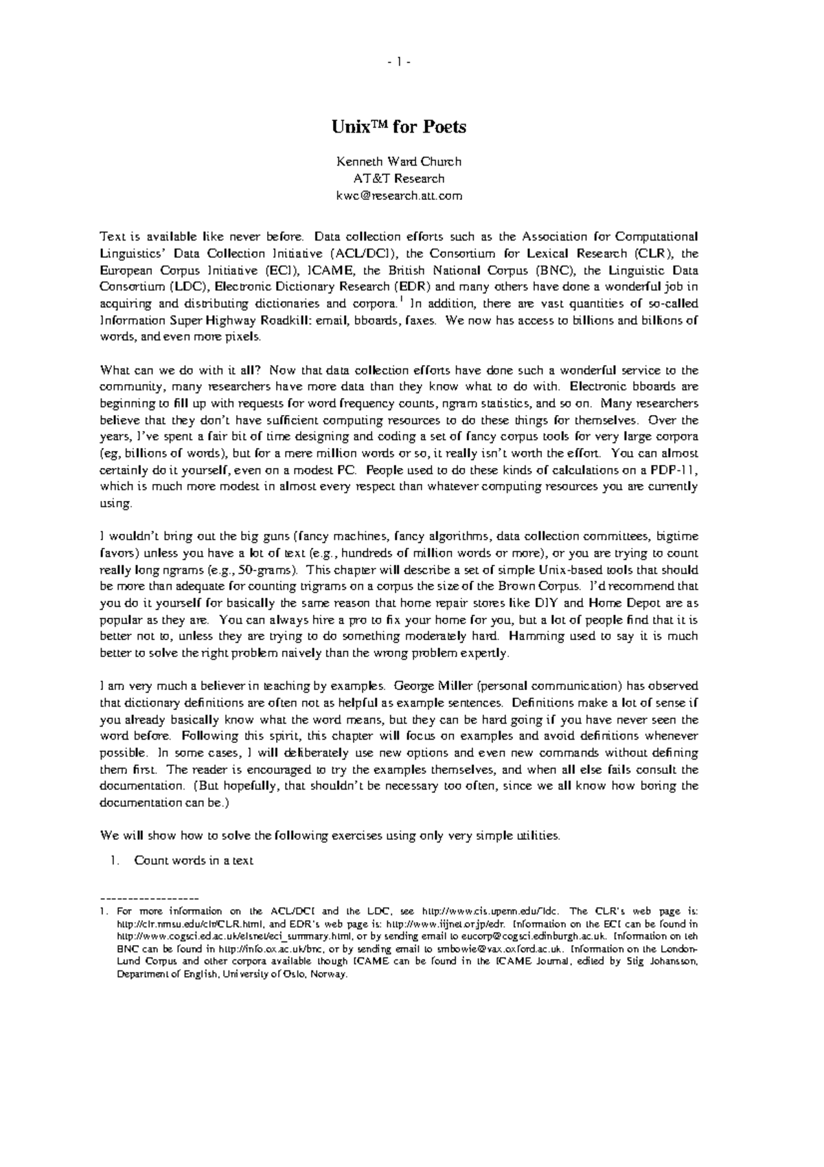 Unix For Poets Reading Unix For Poets Kenneth Ward Church Atandt