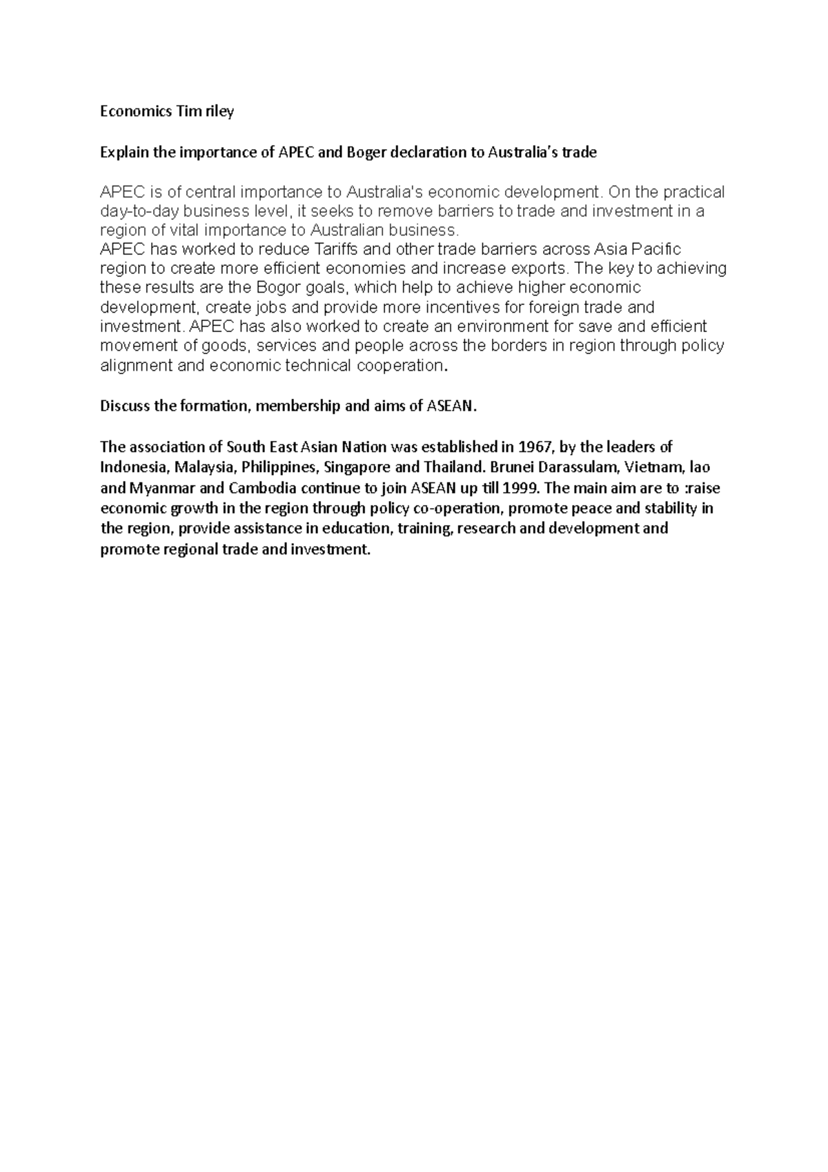 Economics- questions - Economics Tim riley Explain the importance of ...