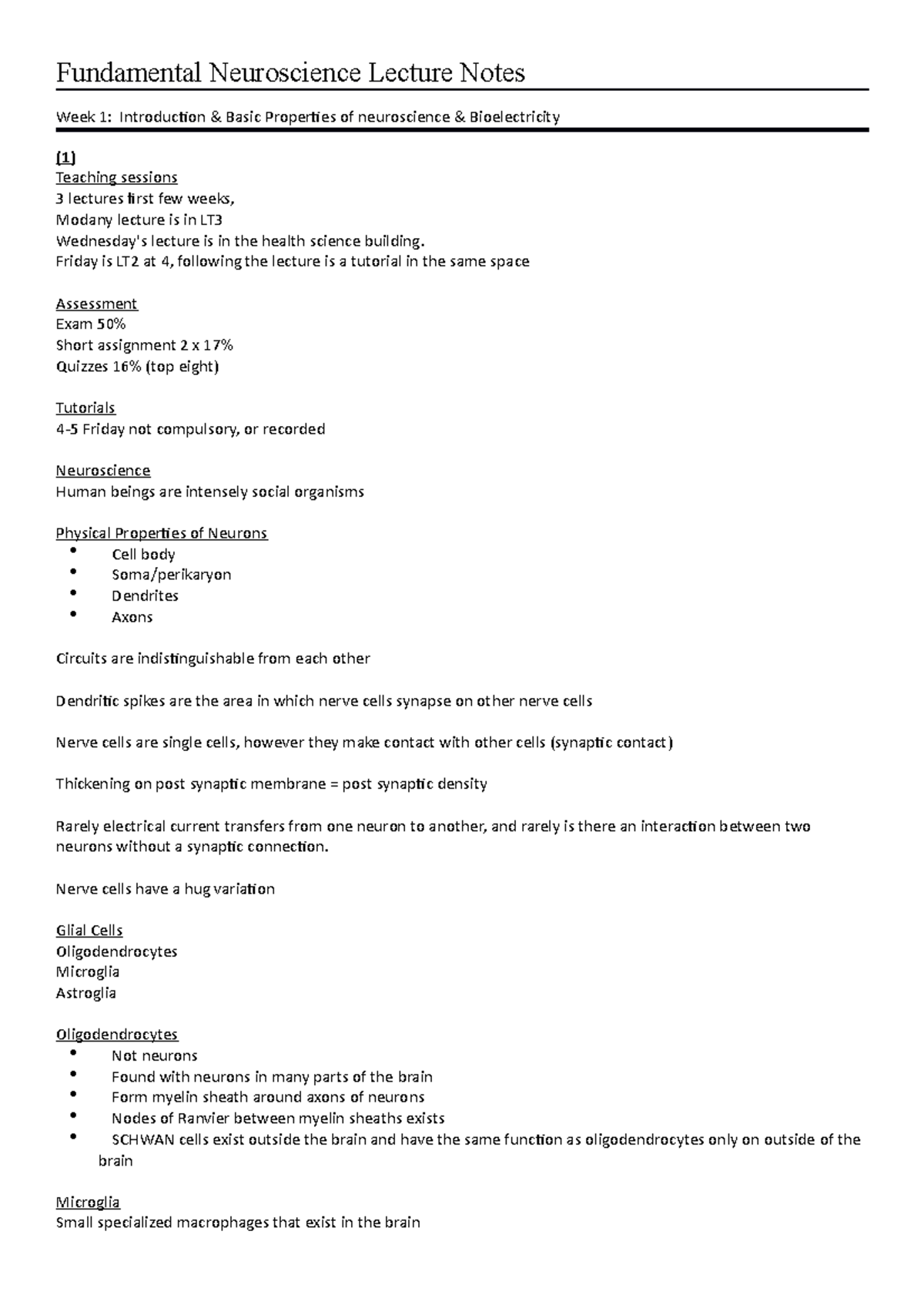 Fundamental Neuroscience Lecture Notes Week 1: Introduction Basic ...