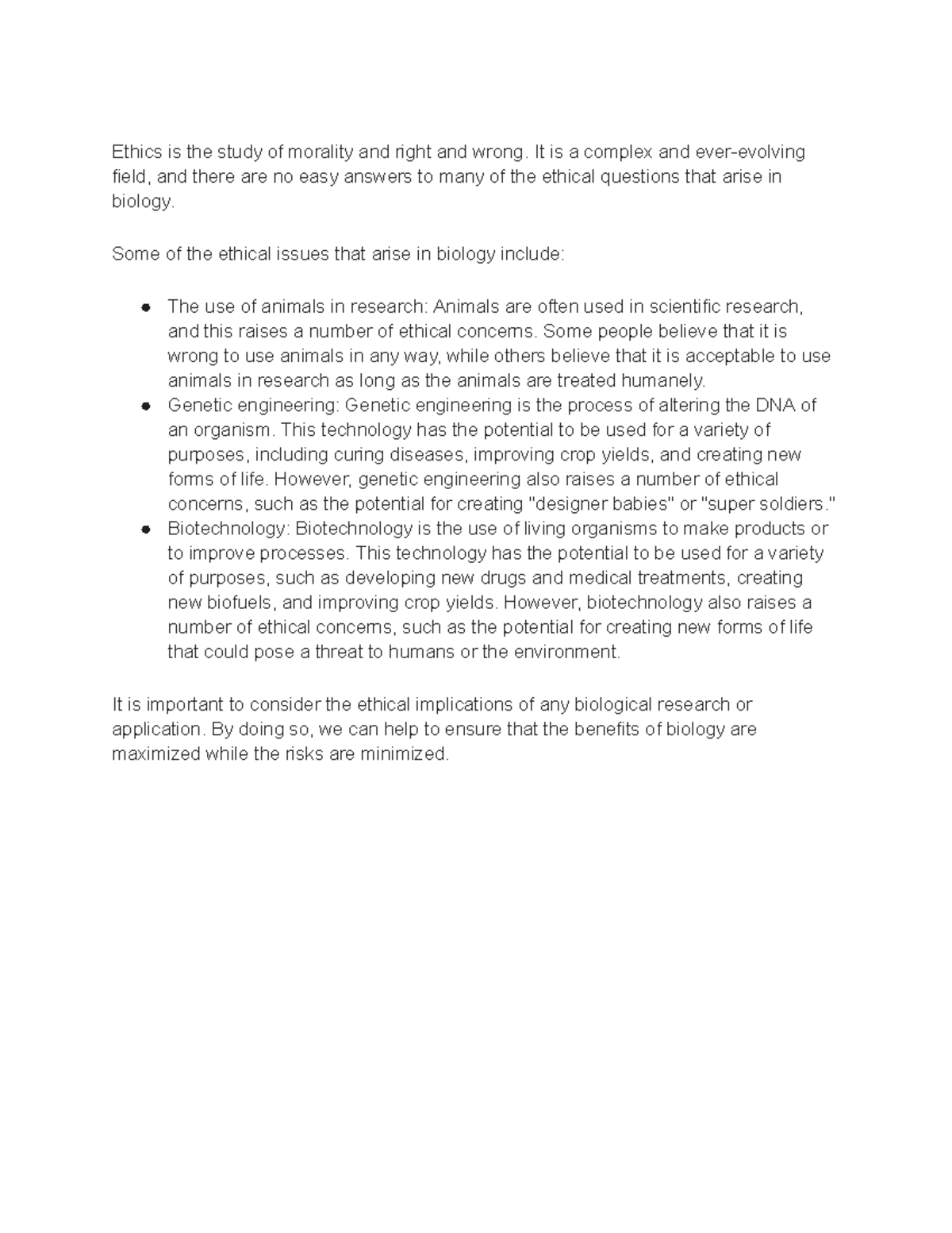 Lecture 35 Ethics in Biology - Ethics is the study of morality and ...