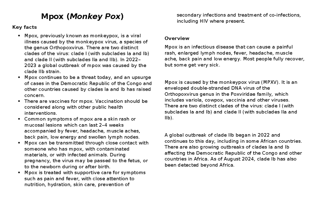 Mpox - Information about mpox - Mpox (Monkey Pox) Key facts Mpox ...