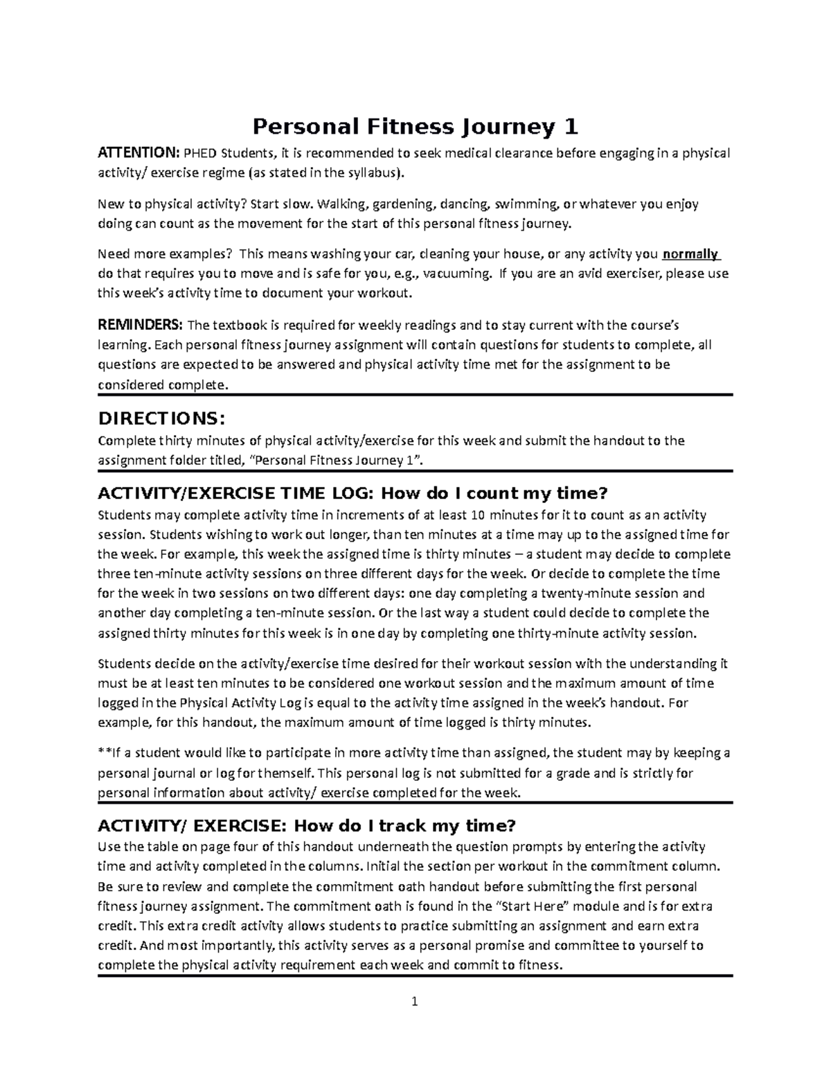 PFJ-1 - Profile journey - Personal Fitness Journey 1 ATTENTION: PHED ...