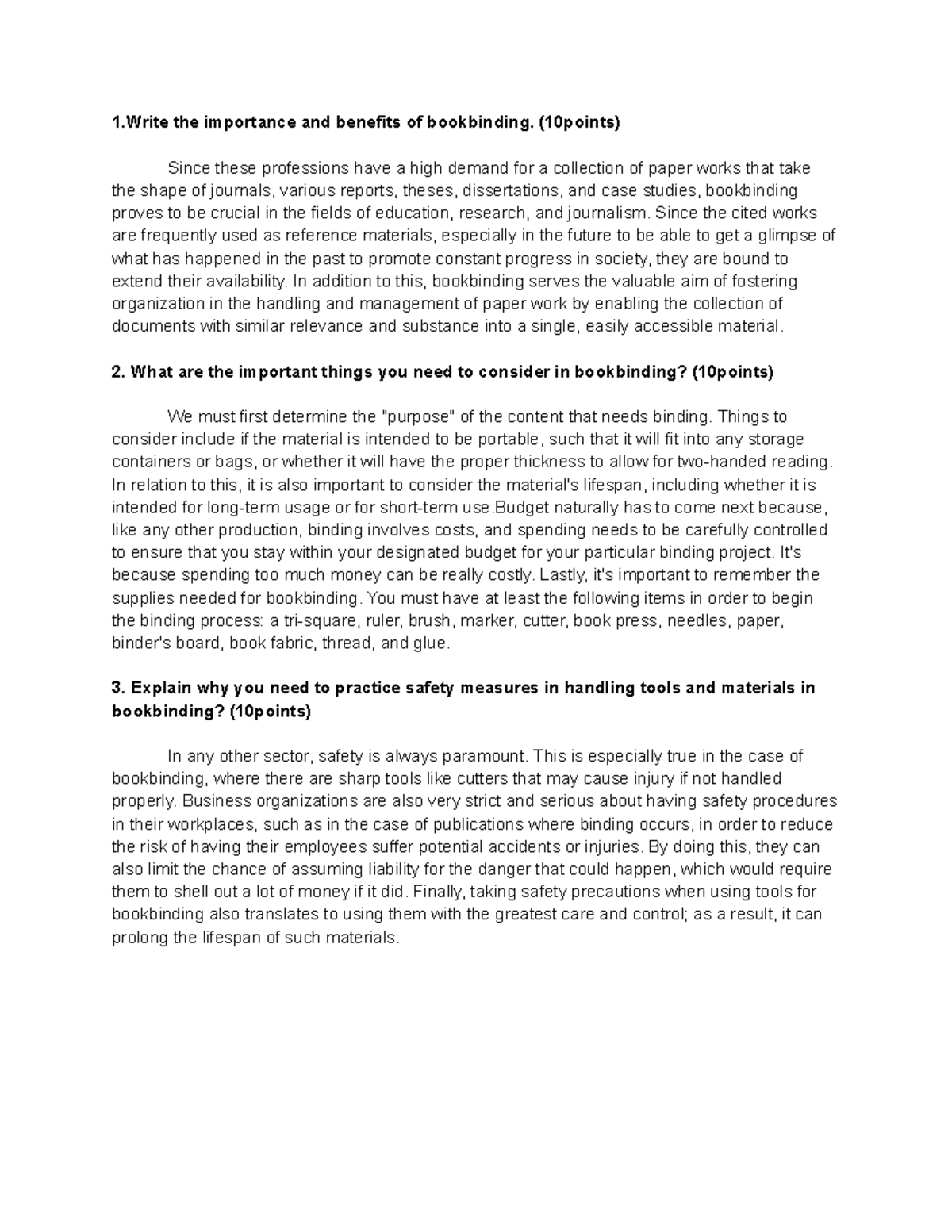 Lesson 3 - answers - 1 the importance and benefits of bookbinding ...