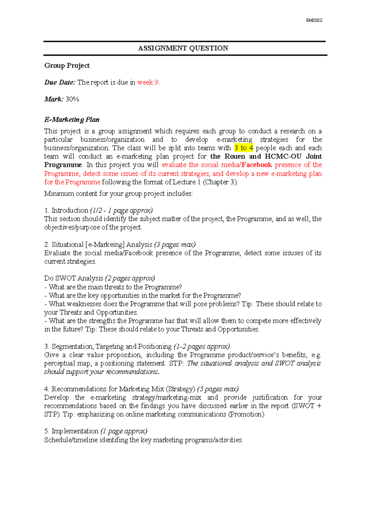 Assignment Question - lknkjbewnc - EM ASSIGNMENT QUESTION Group Project ...