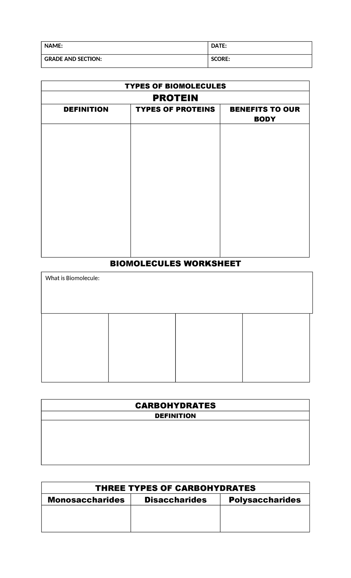 Biomolecules- Worksheet - Wika, Kultura sa Mapayapang Lupa - NAME: DATE ...