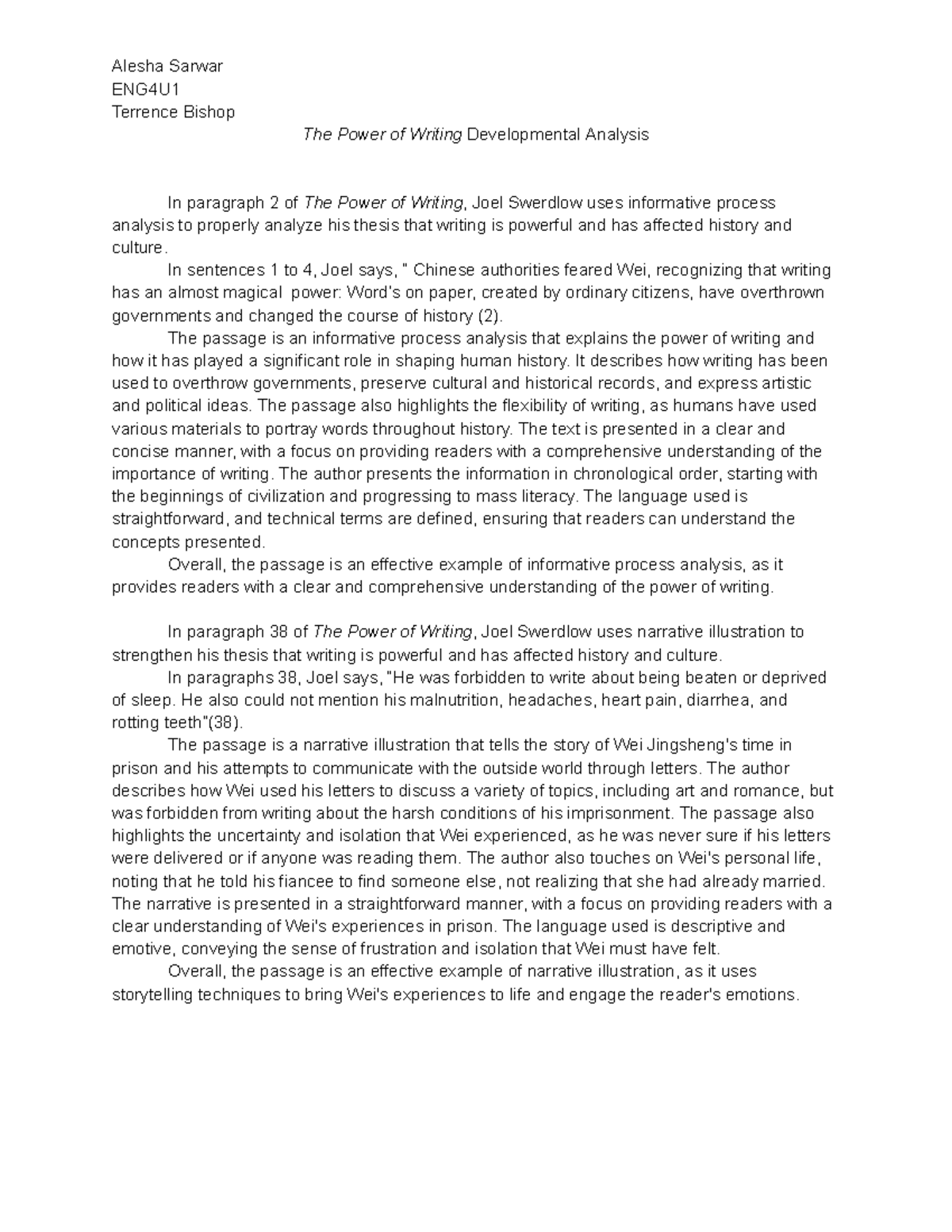The Power of Writing Developmental Analysis - Alesha Sarwar ENG4U ...