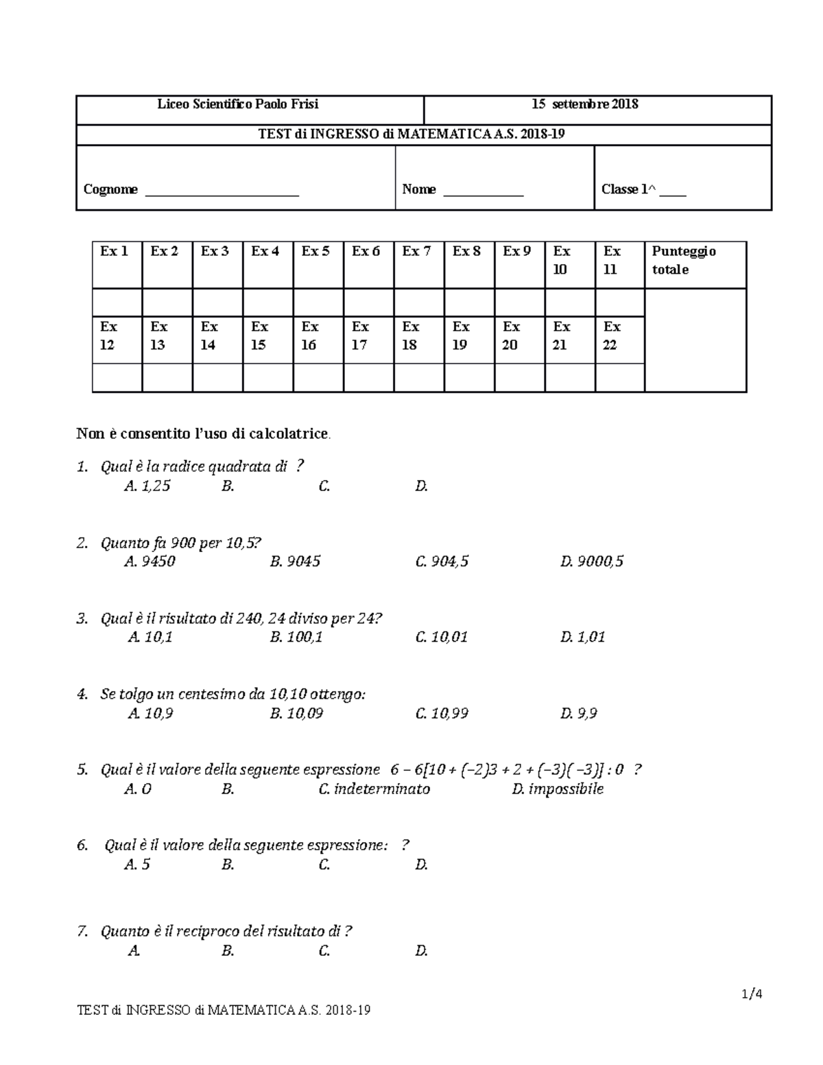 Test Ingresso Matematica 2018 2019 - Liceo Scientifico Paolo Frisi 15 ...