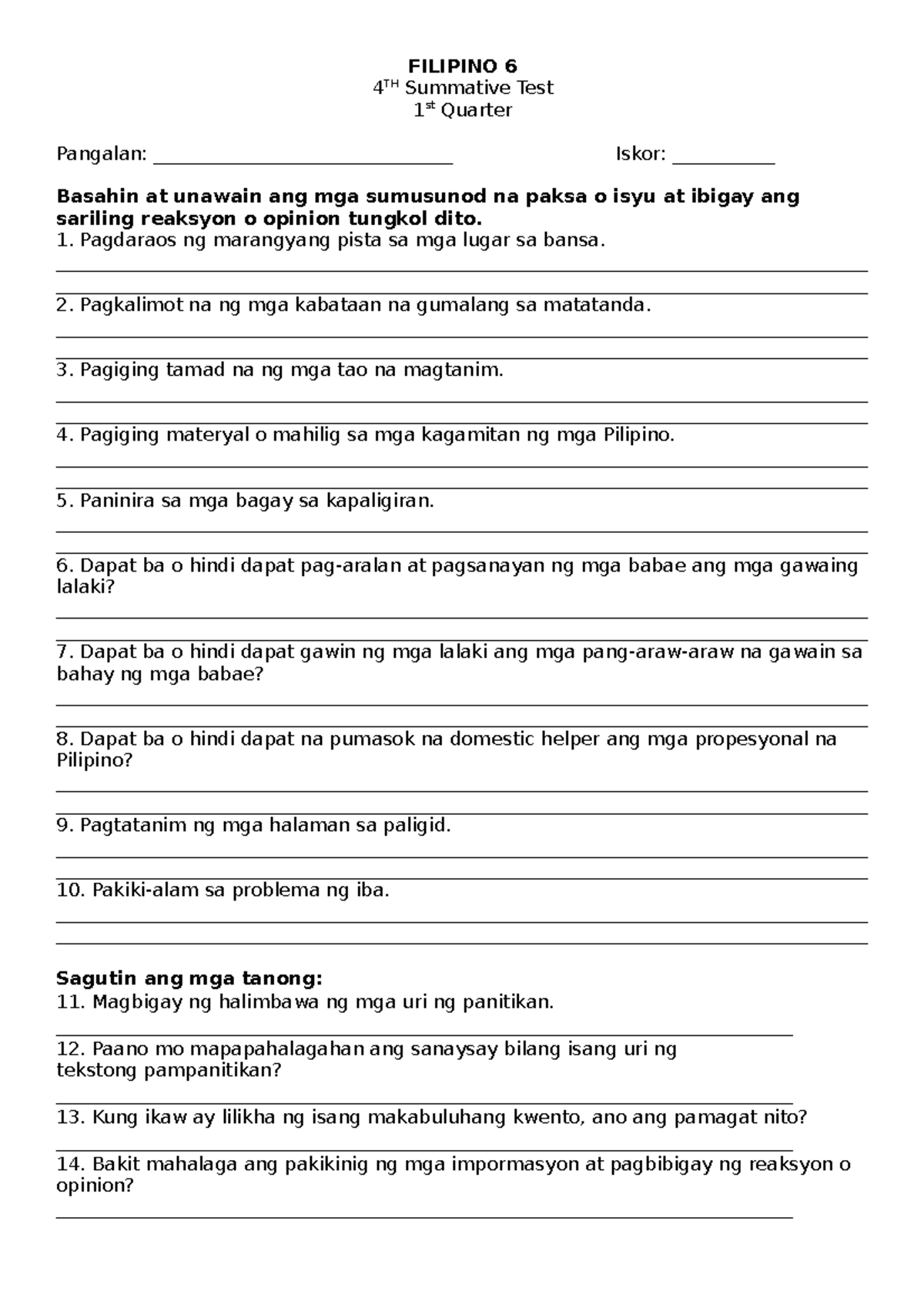 Filipino 6 Q1 ST4 - ST FIL - FILIPINO 6 4 TH Summative Test 1 st ...