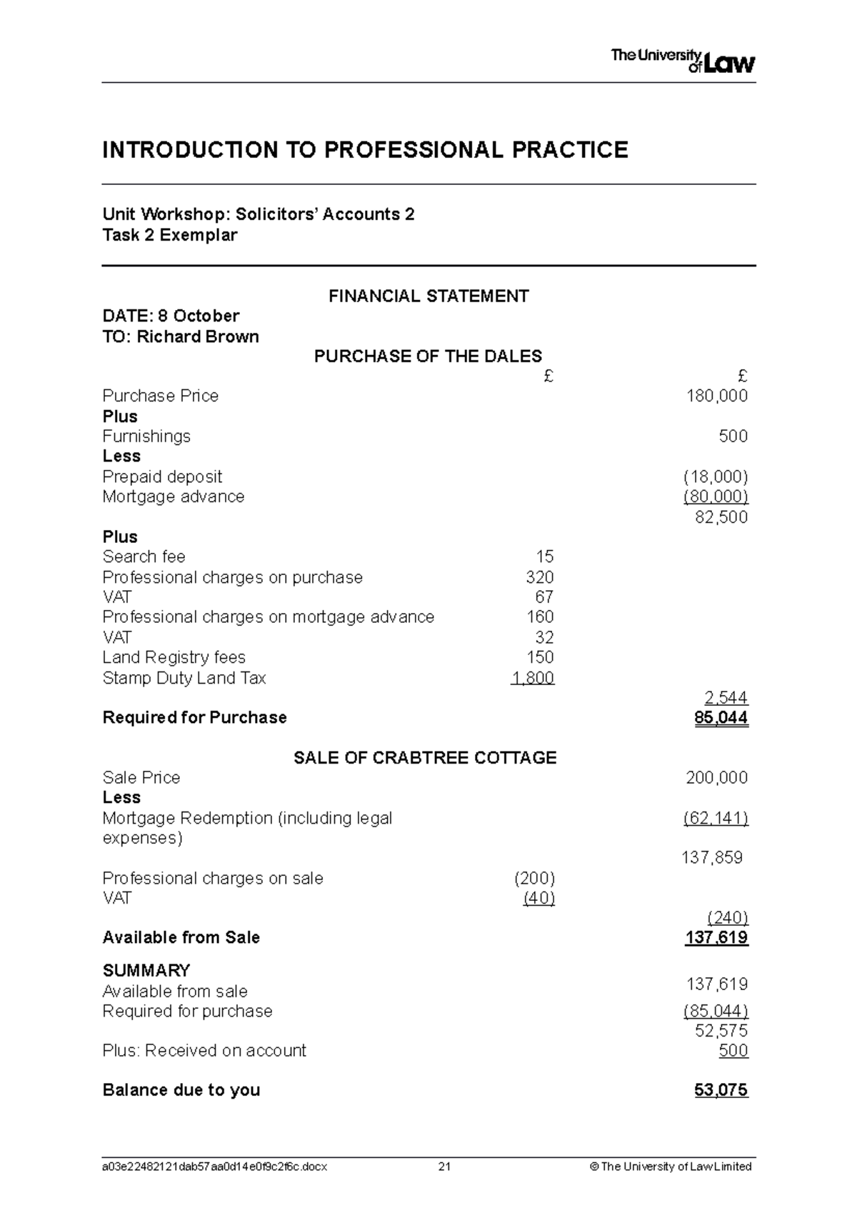 2223 ipp ws solicitors accounts 02 ce02 task 02 exemplar - INTRODUCTION TO PROFESSIONAL PRACTICE ...