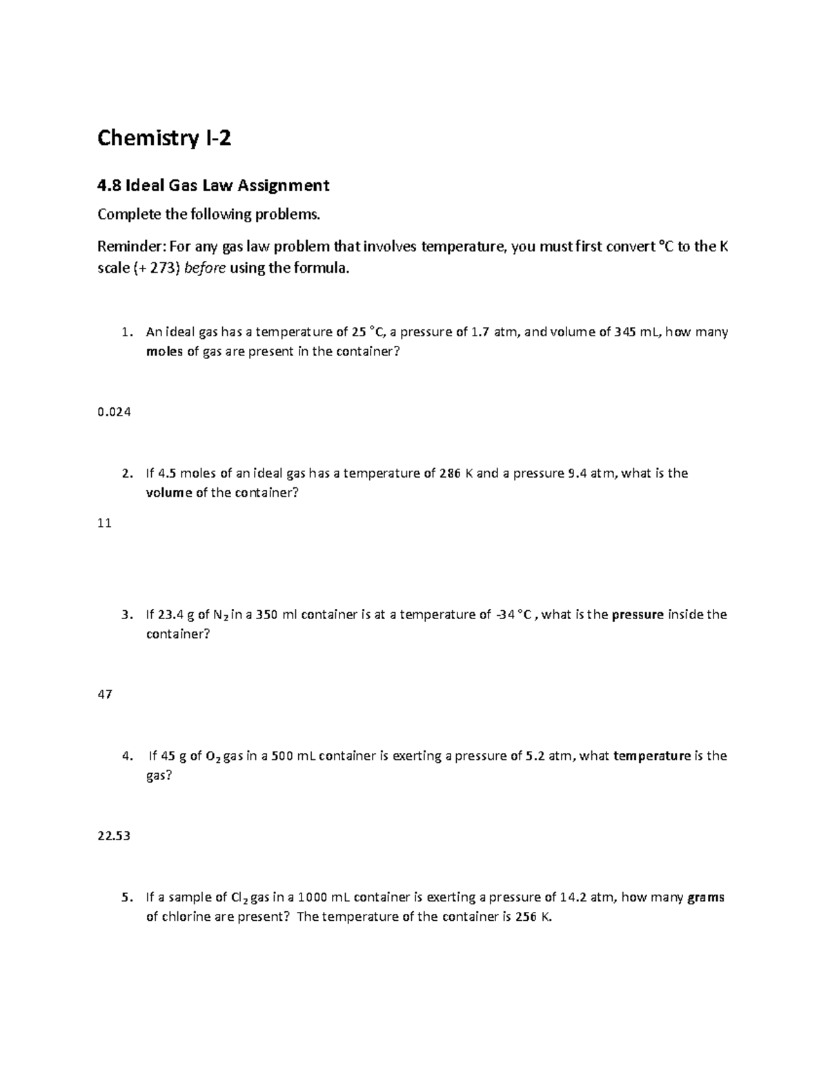 Copy of 4.8 Ideal Gas Laws - Chemistry I- 4 Ideal Gas Law Assignment ...