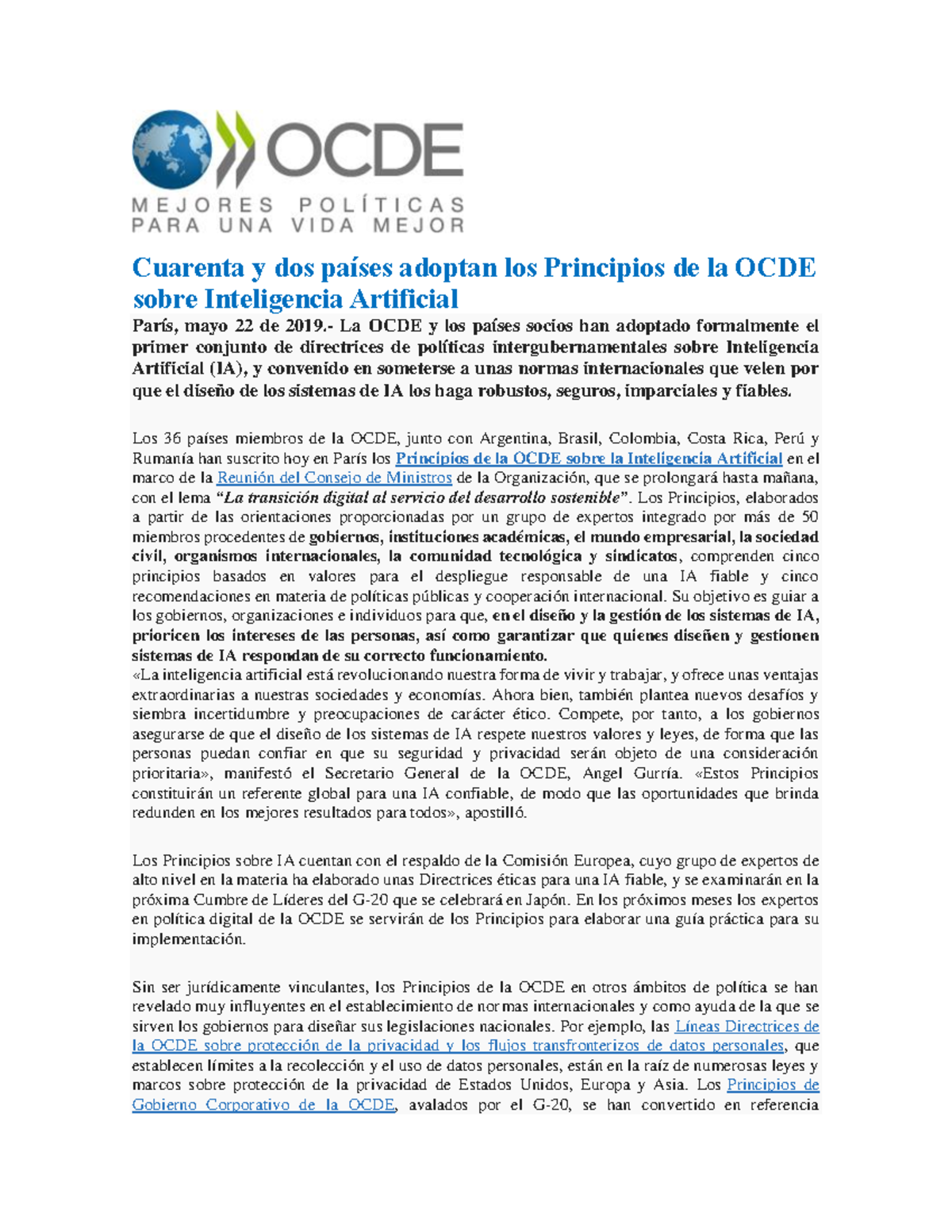 Principios de la OCDE sobre Inteligencia Artificial - Cuarenta y dos ...