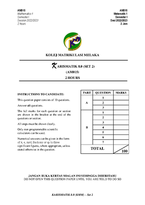 Kms - exercises - AM Mathematics 1 Matematik 1 Semester 1 Semester 1 Session 2022/2023 Sesi 2022 ...