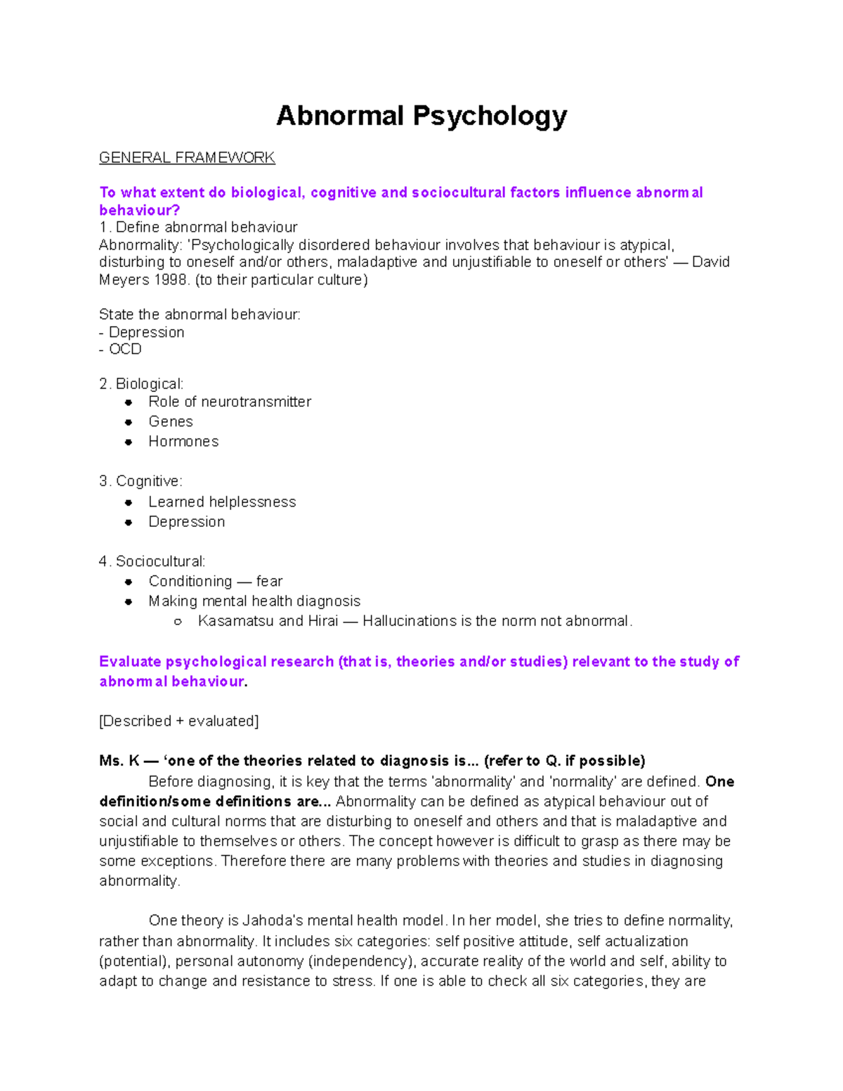91641787 Abnormal Psychology Notes IB SL - Abnormal Psychology GENERAL ...