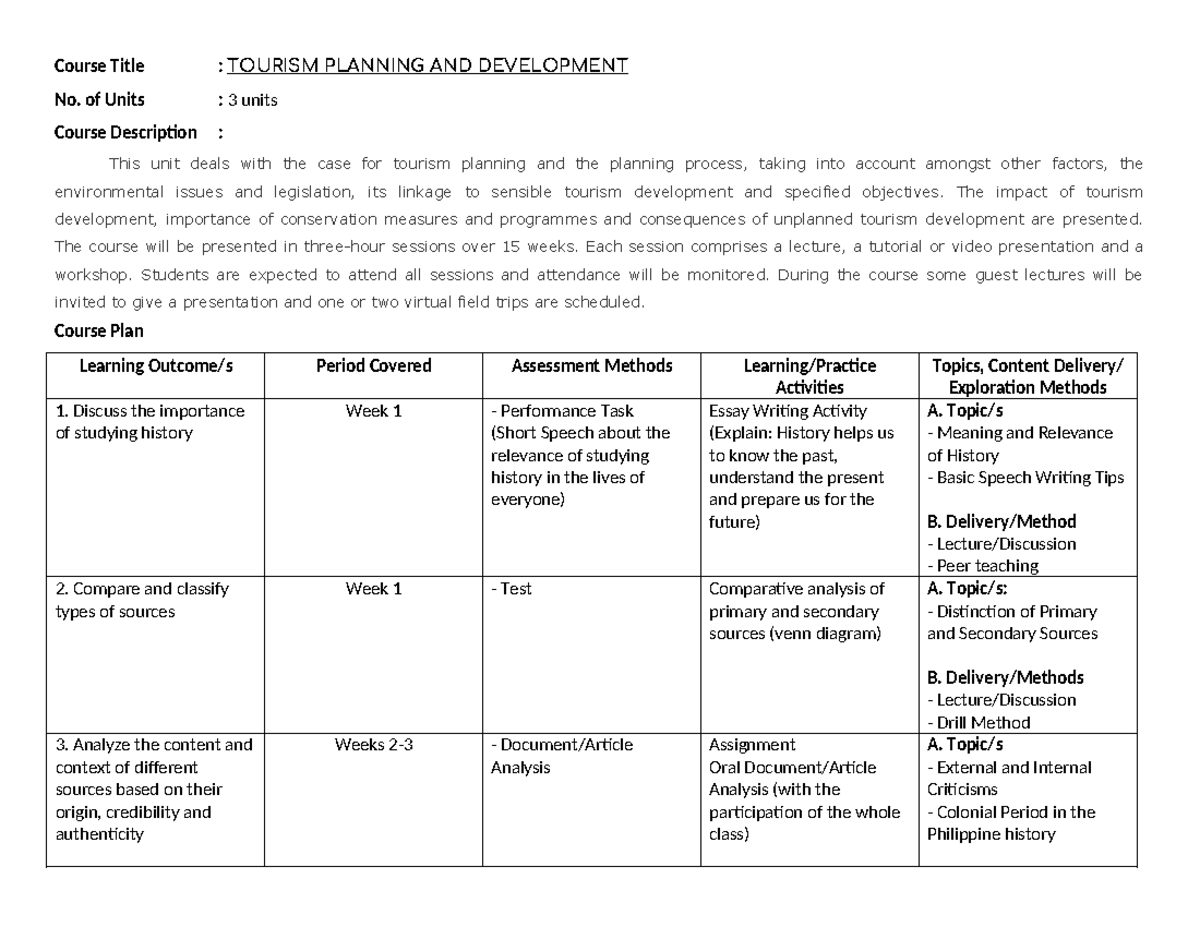 Sample Course Plan - Lectures - Course Title : TOURISM PLANNING AND ...