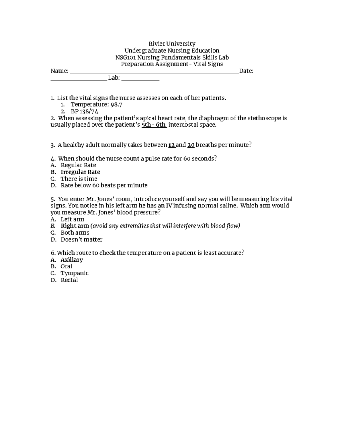 Week 4- Vital Signs Preparation Activity - Rivier University ...