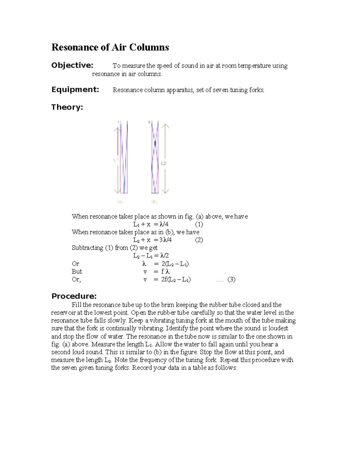 Resonance of Air Columns - Resonance of Air Columns Objective: To ...