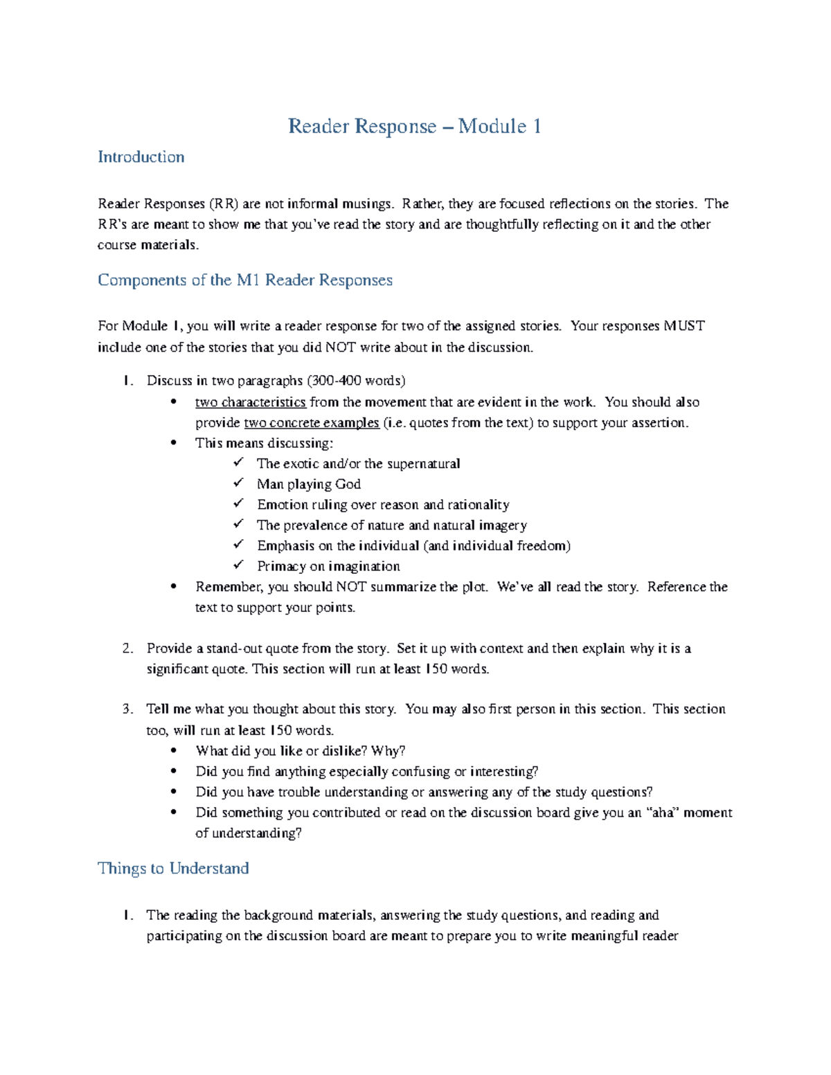 Reader Response Directions M1 - Reader Response – Module 1 Introduction ...
