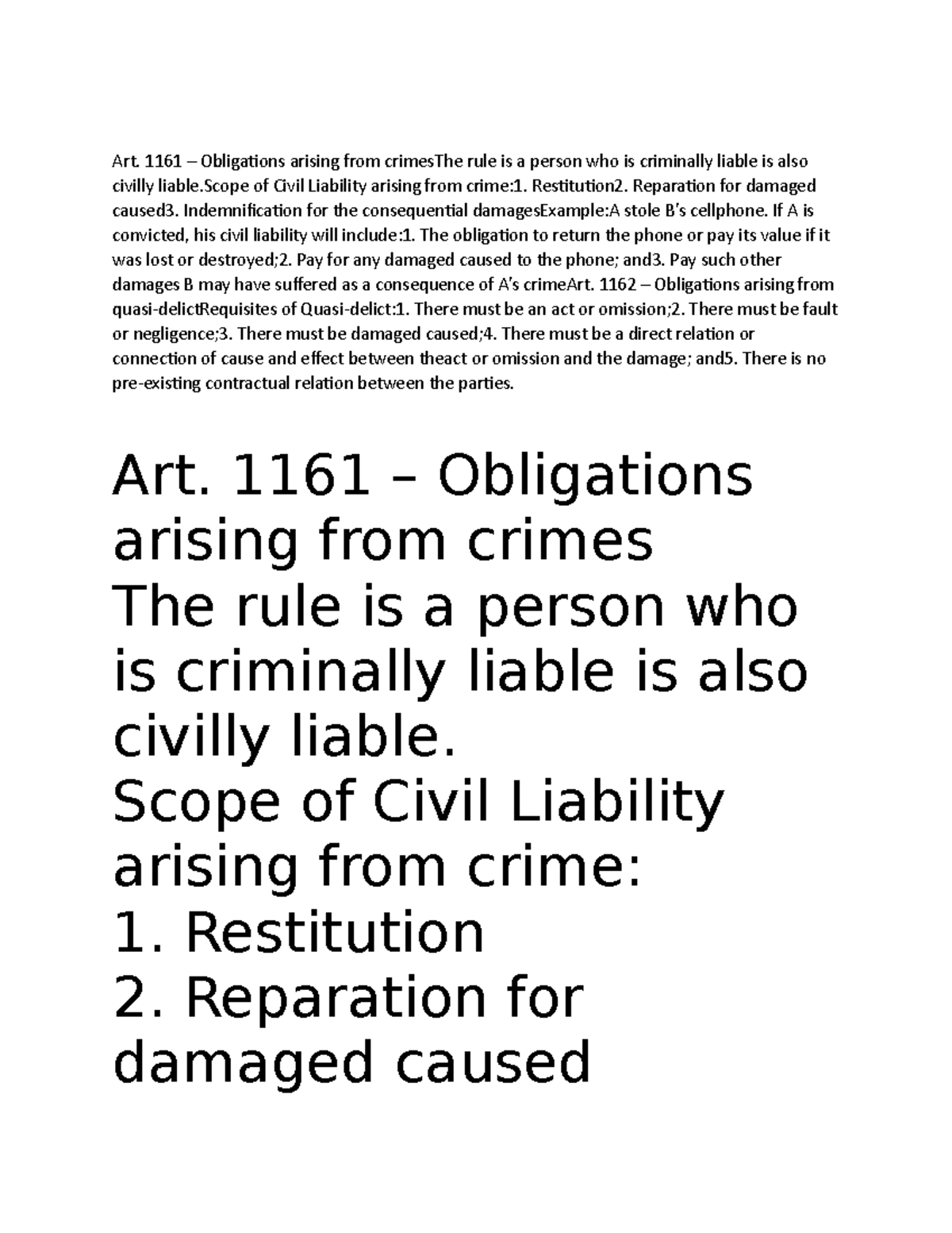 Article - Art. 1161 – Obligations arising from crimesThe rule is a ...