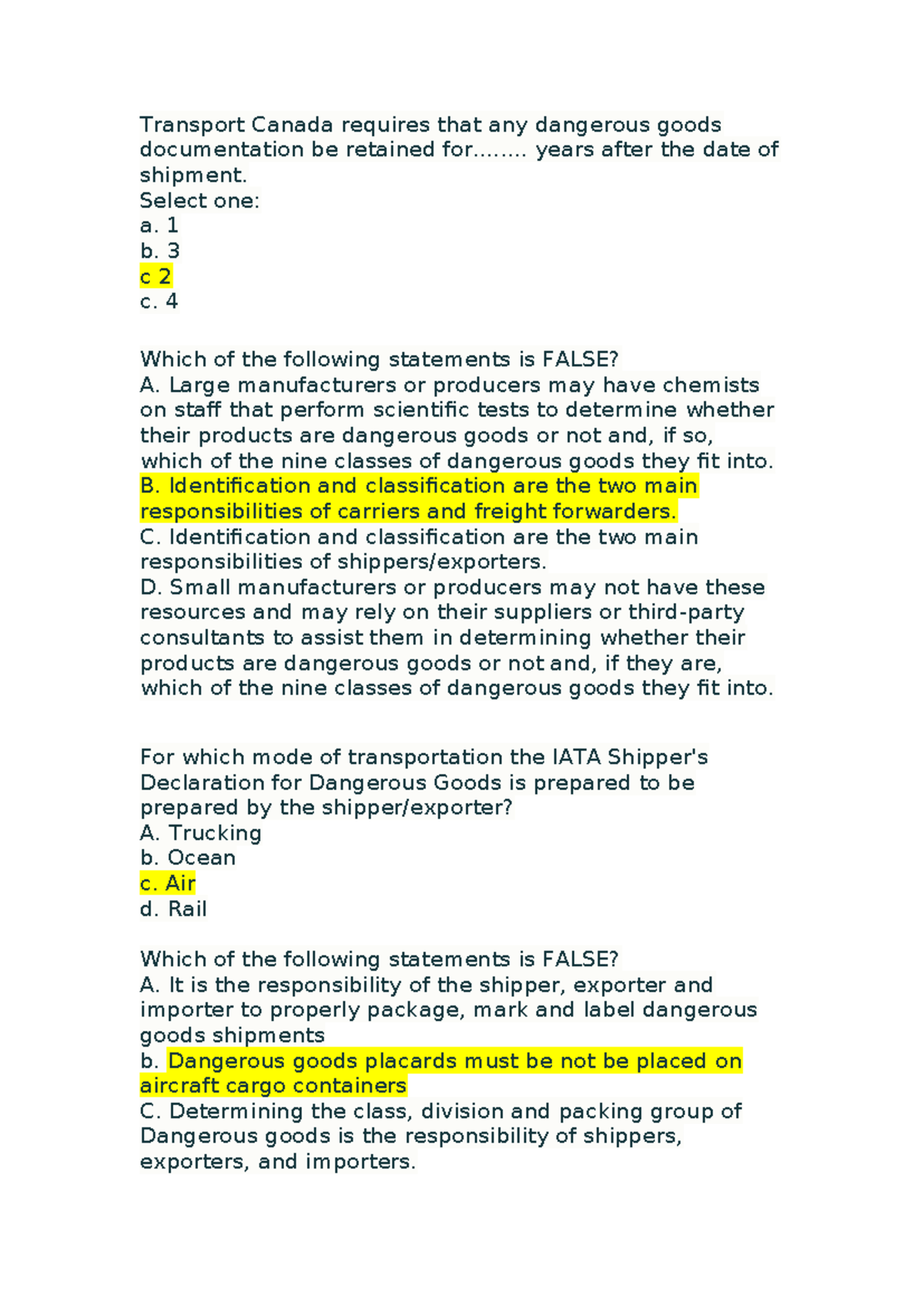New DOC Document - final test question - Transport Canada requires that ...