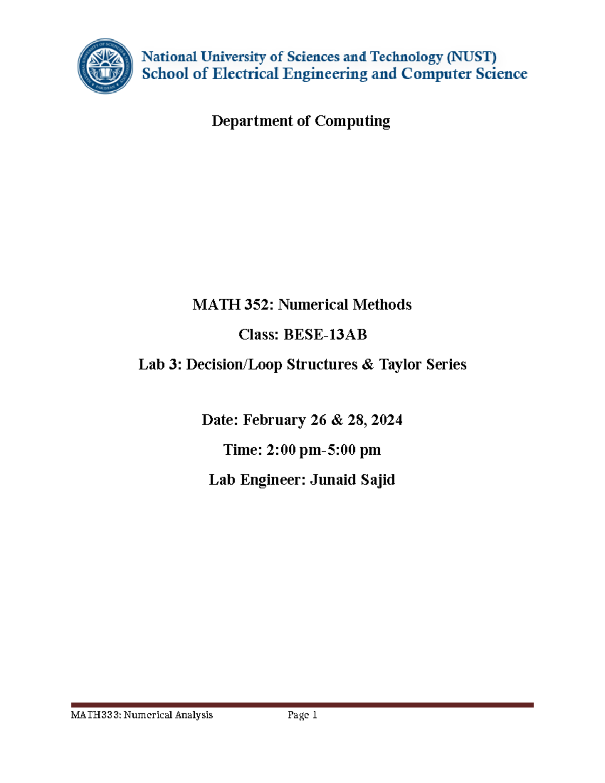 Lab 4 NM - data info - Department of Computing MATH 352: Numerical ...
