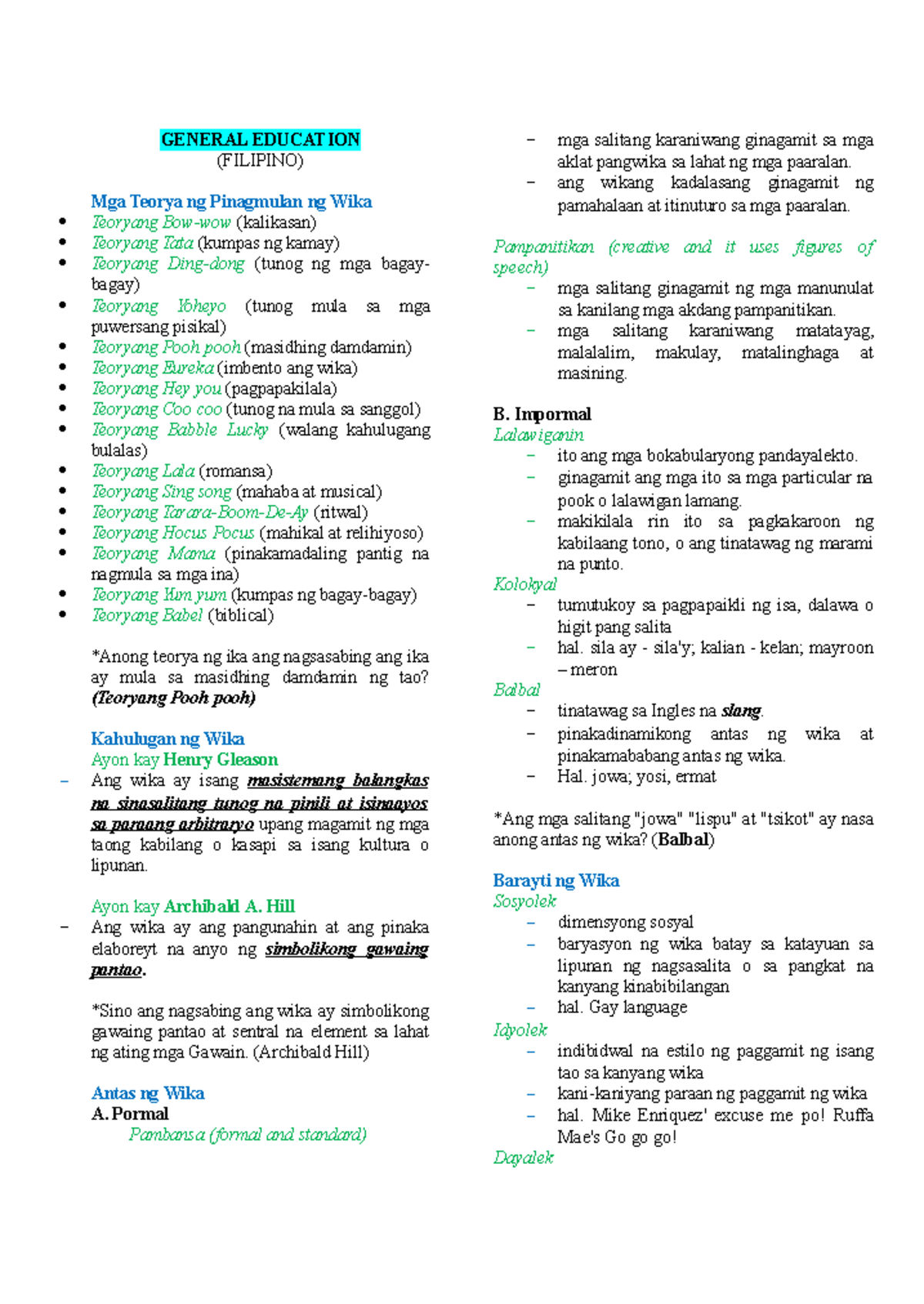 Gen. Ed (Filipino) - review notes! - GENERAL EDUCATION (FILIPINO) Mga ...