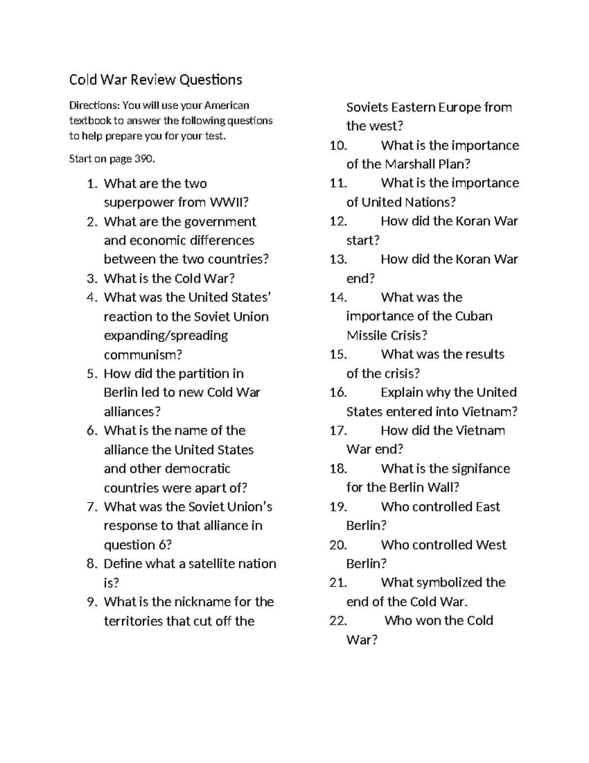 Cold War Review Questions - Cold War Review Questions Directions: You ...