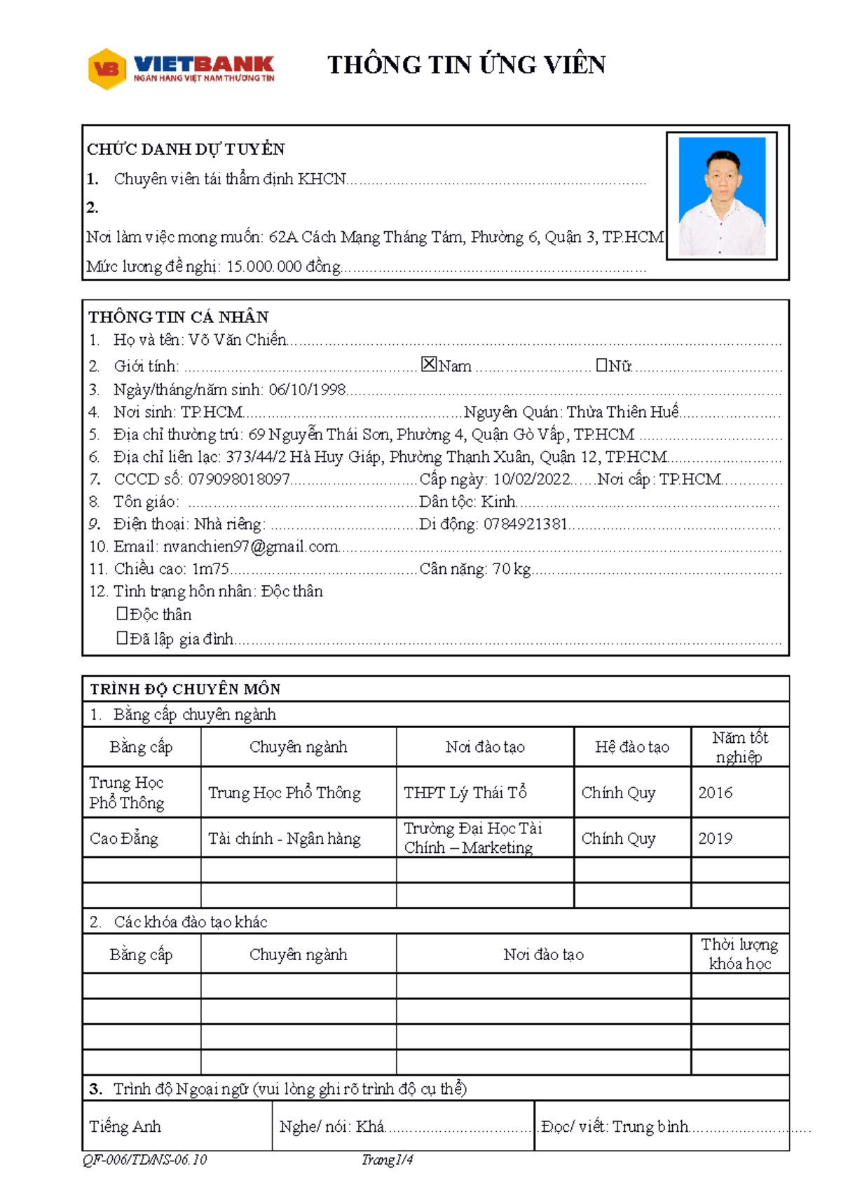 TTUV - Vietbank - VO VAN Chien - THÔNG TIN ỨNG VIÊN CHỨC DANH DỰ TUYỂN Chuyên viên tái thẩm định ...