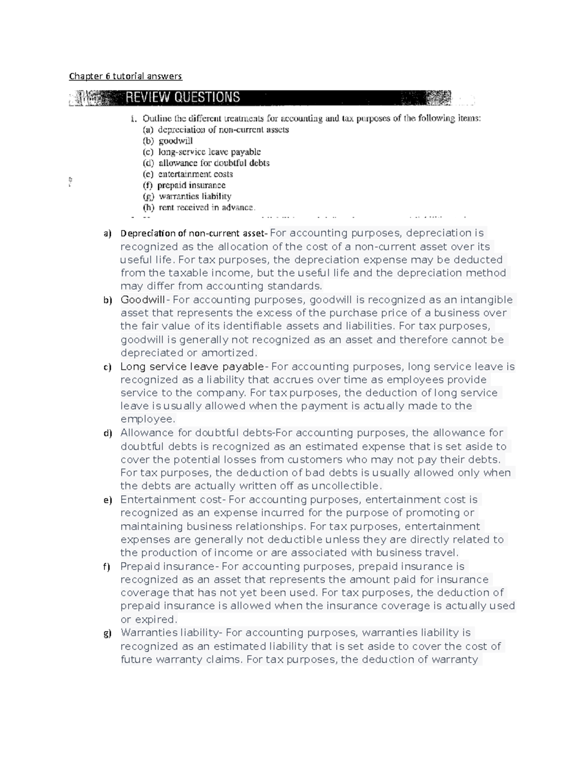 Chapter 6 tutorial answers - Chapter 6 tutorial answers a) Depreciation of non-current asset ...