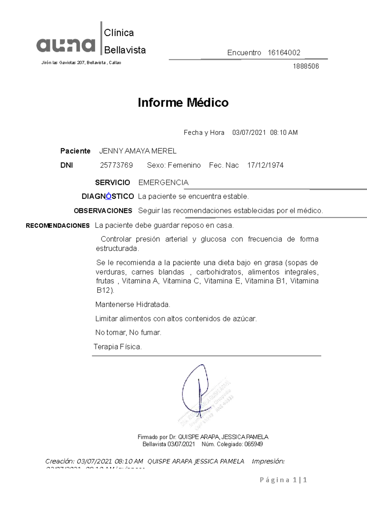 Informe Medico 03-07-2021 - P á g i n a 1 | 1 Encuentro 16164002 ...
