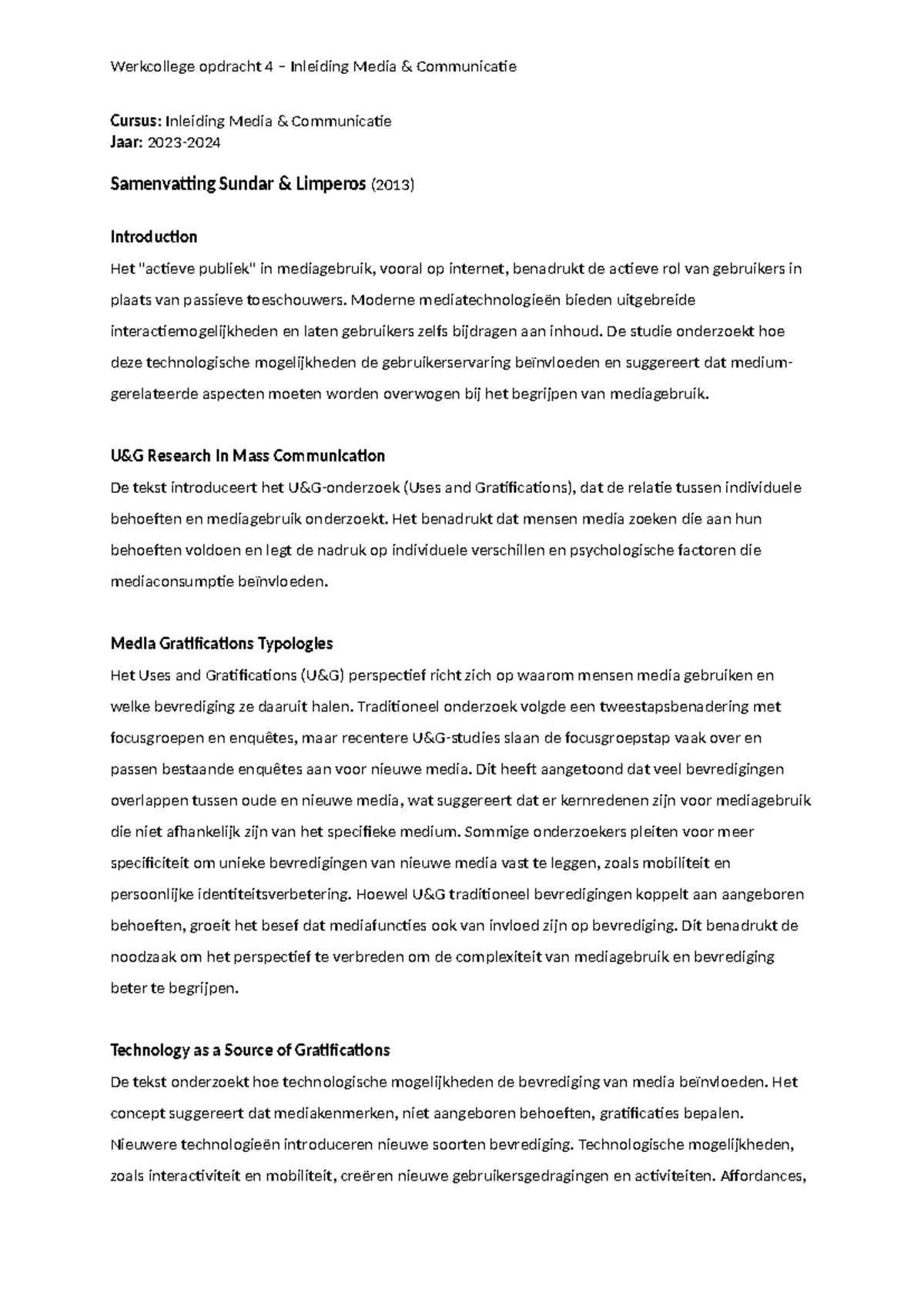 Inleiding Media & Communicatie Weekopdracht 4 - Werkcollege opdracht 4 ...