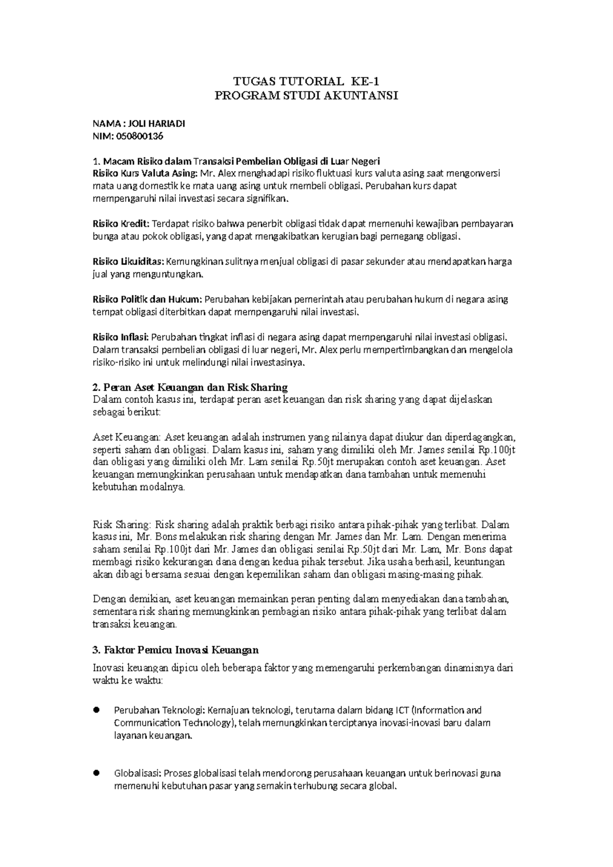 Tugas Tutorial KE.docx Studi Akuntansi - TUGAS TUTORIAL KE- 1 PROGRAM STUDI AKUNTANSI NAMA ...