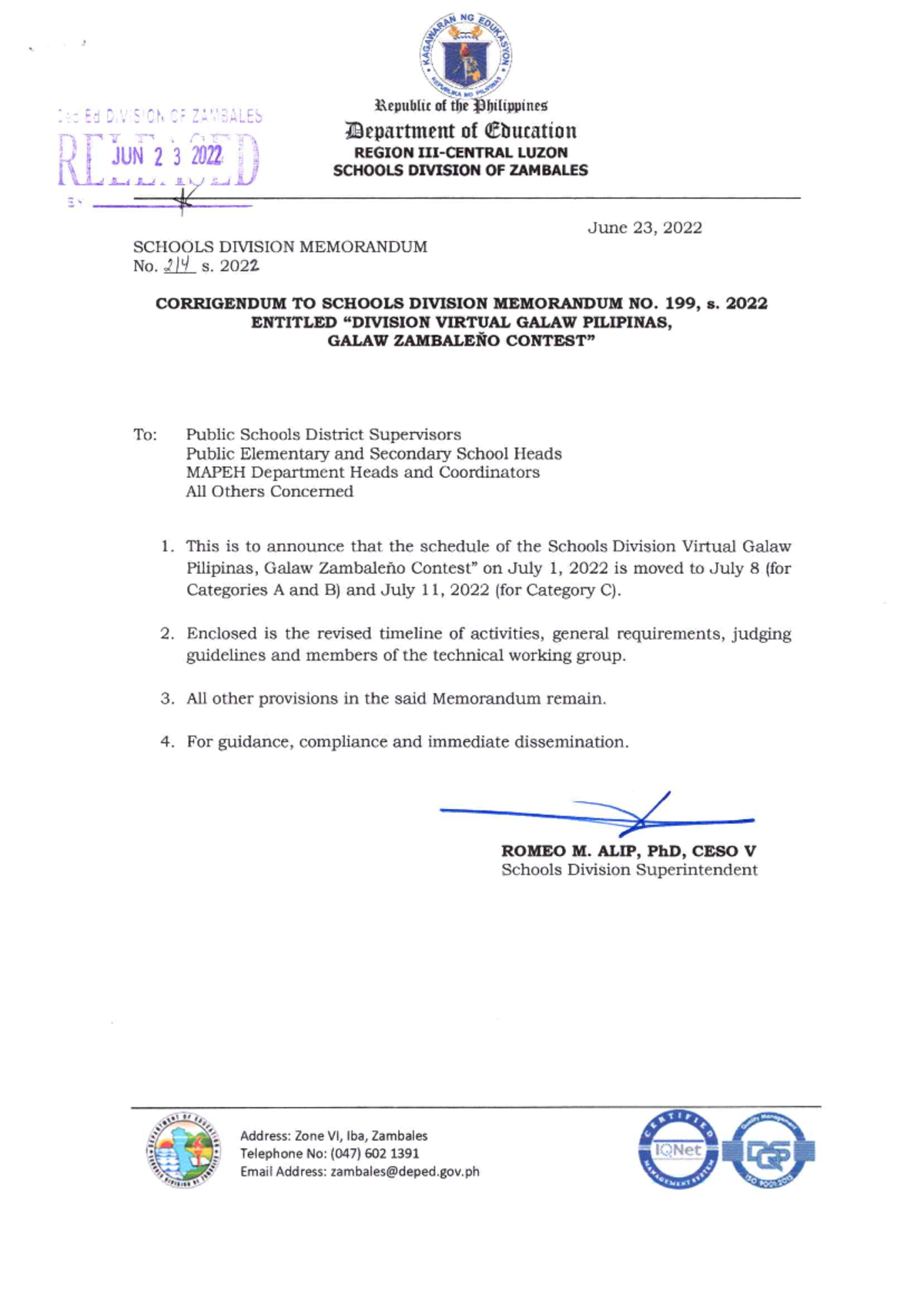 SDM No. 214 s. 2022 Corrigendum To Schools Divsion Memorandum No ...