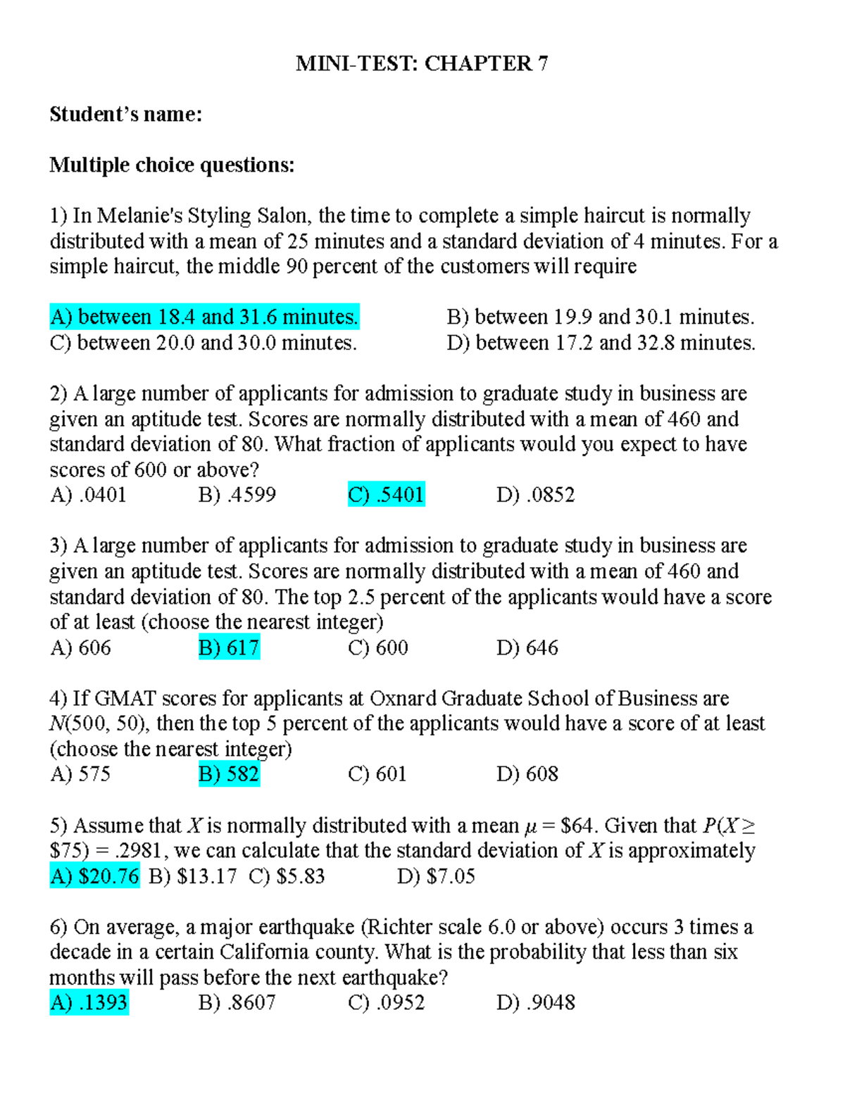 Chap 7 statistic practice prepare for 50% - MINI-TEST: CHAPTER 7 ...