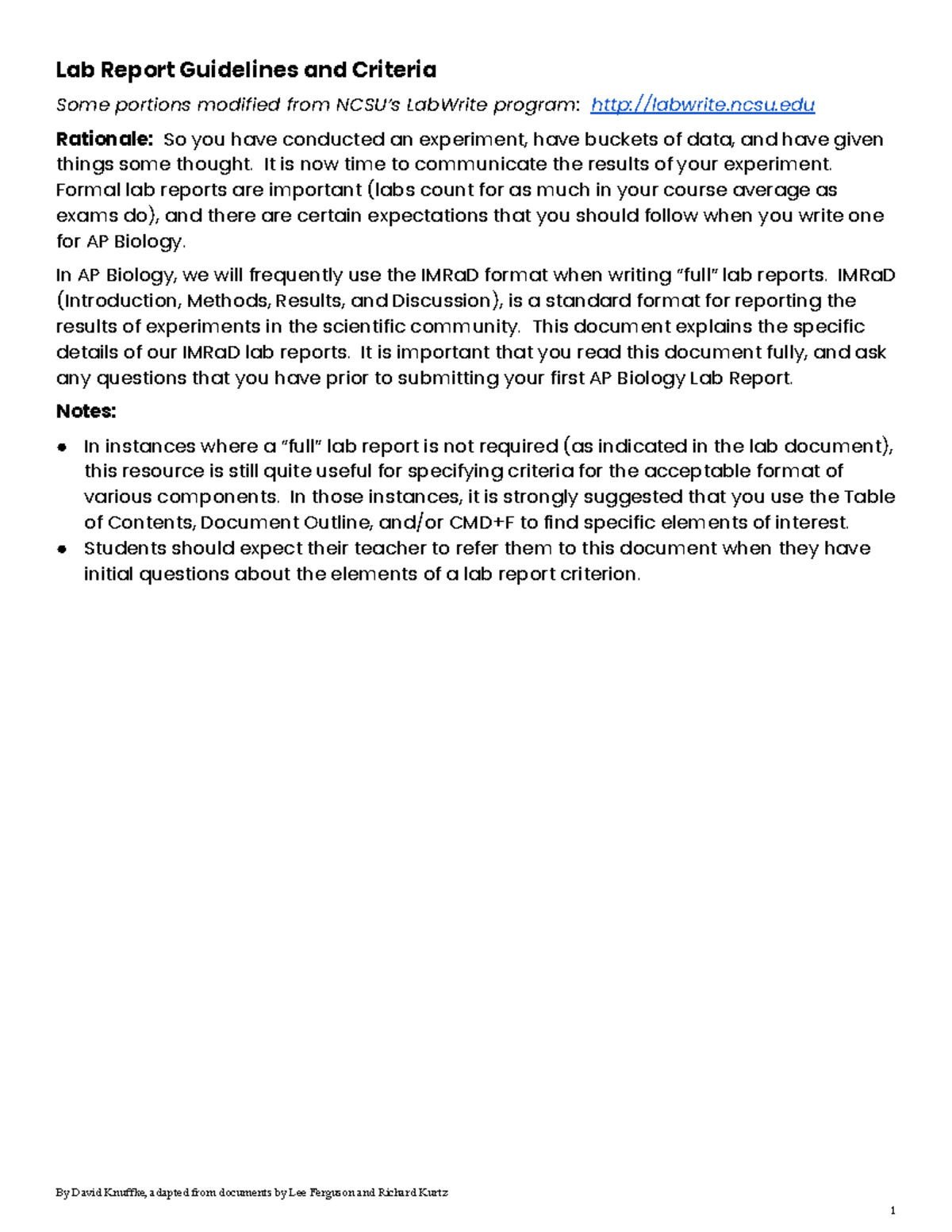 AP Biology Lab Report Guidelines - Lab Report Guidelines and Criteria Some portions modified ...