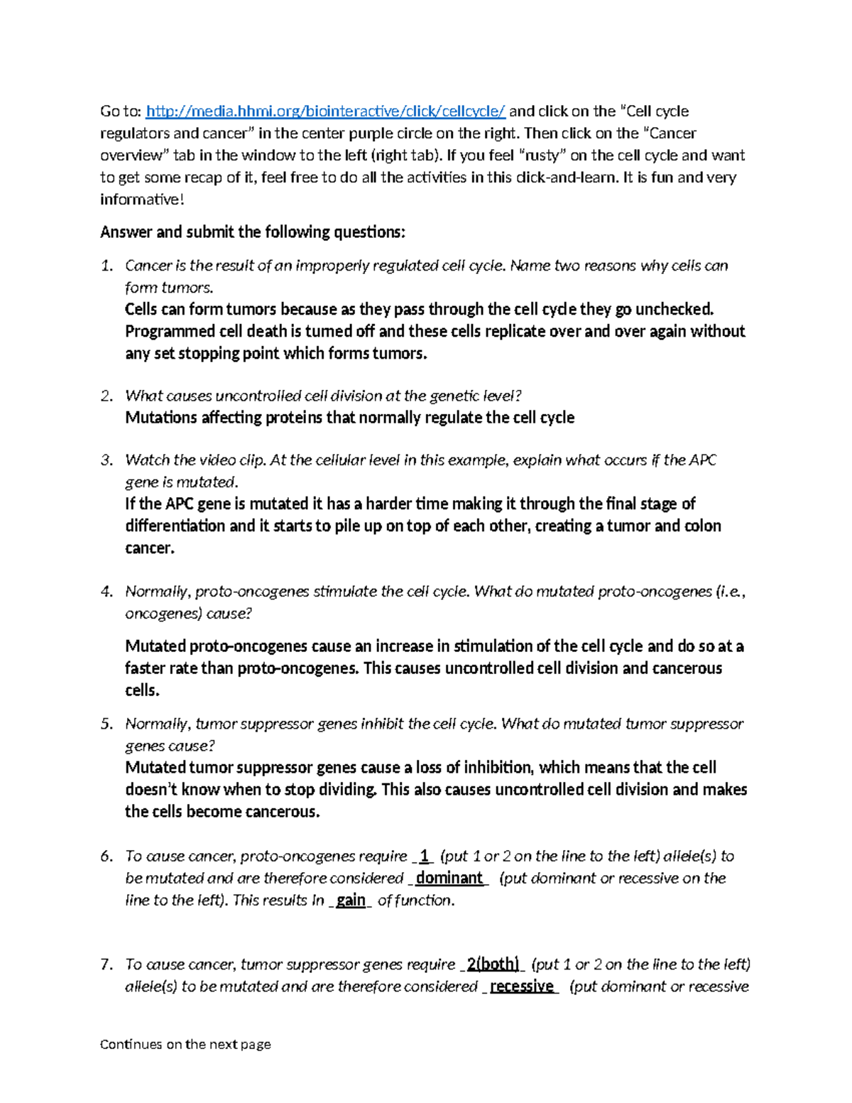 Cancer Connect Answers - Go to: media.hhmi/biointeractive/click ...