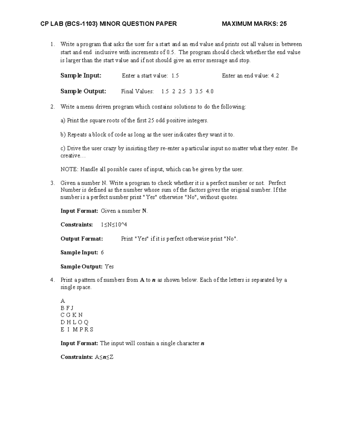 Cp lab minor - CP LAB (BCS-1103) MINOR QUESTION PAPER MAXIMUM MARKS: 25 ...