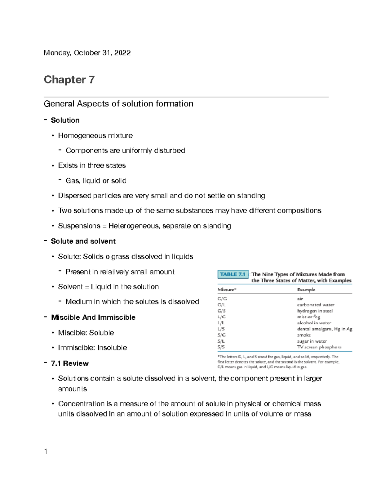 Chem Ch. 7 - General Aspects of solution formation - Monday, October 31 ...