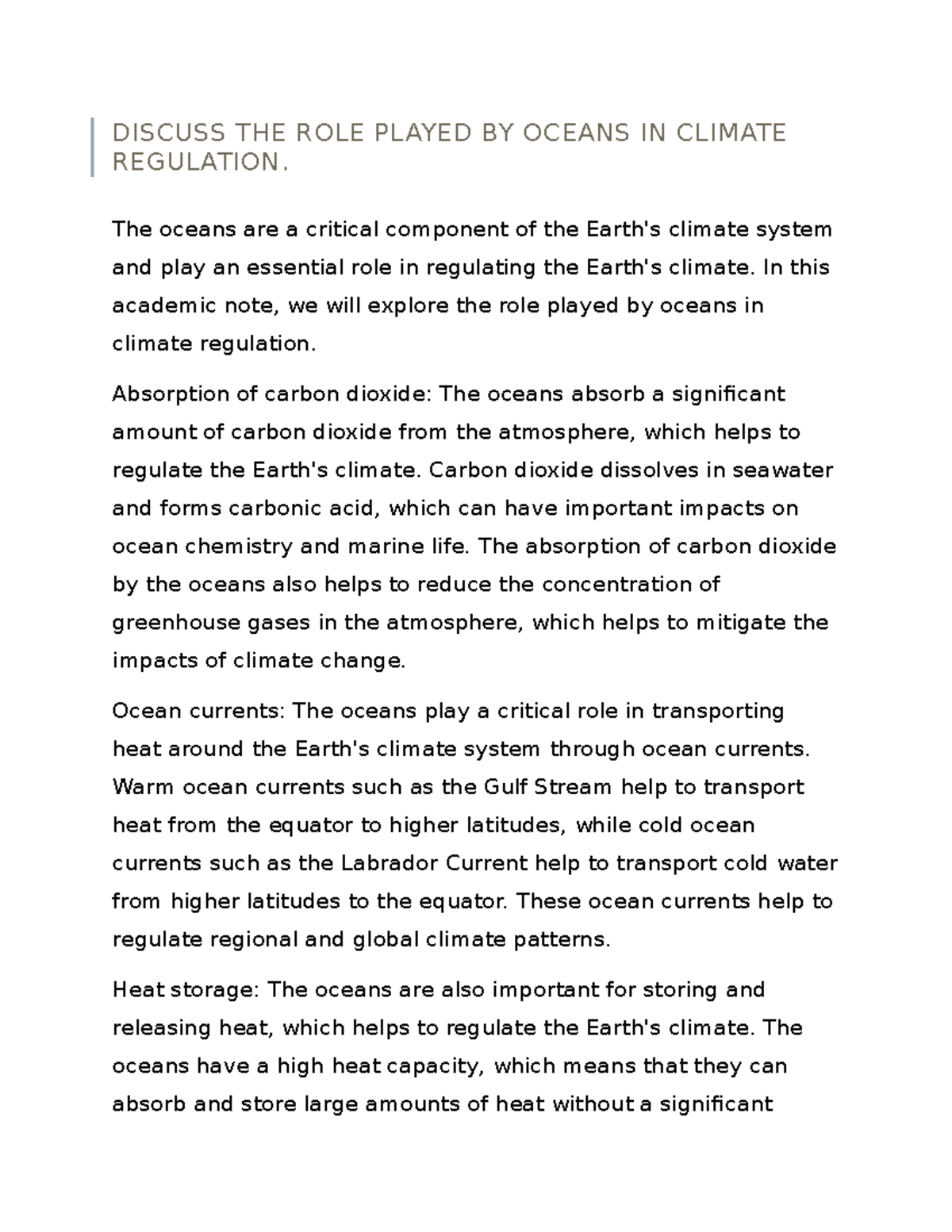 Discuss the role played by oceans in climate regulation - DISCUSS THE ...