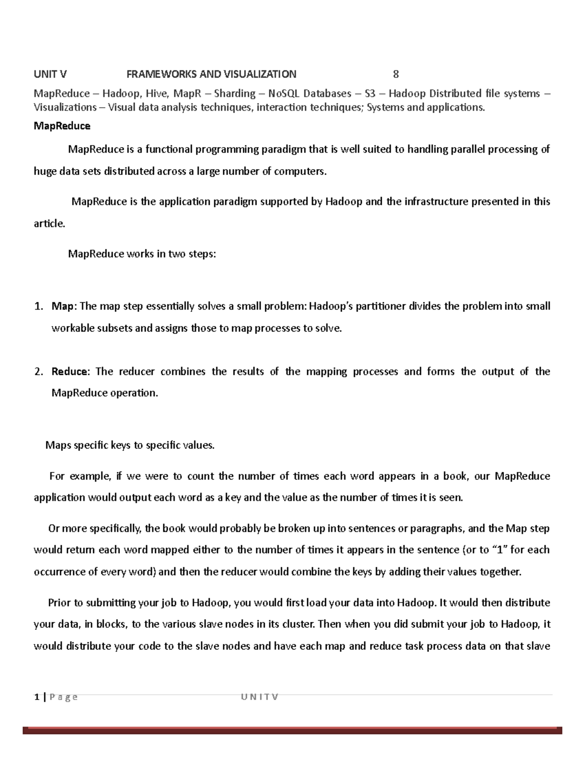 Unit V Big Data Analytics Unit V Frameworks And Visualization 8 Mapreduce Hadoop Hive