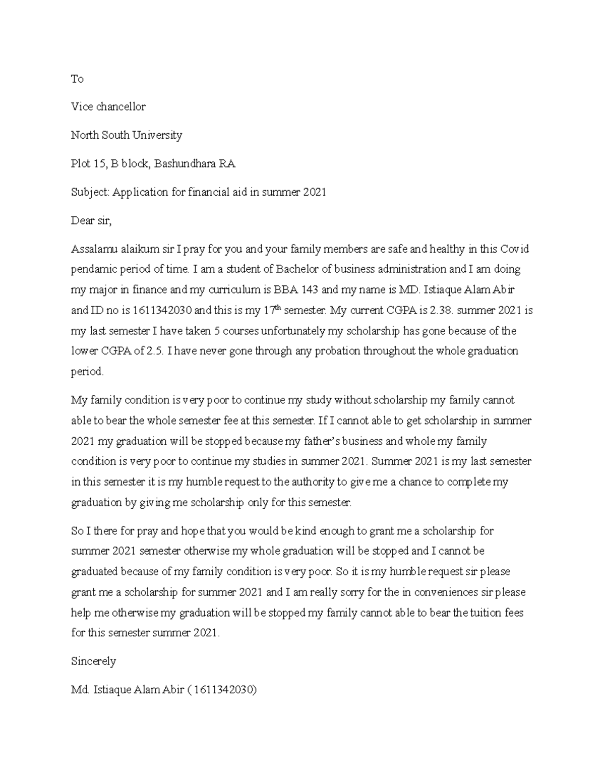 Financial Aid application Istiaque Alam Abir 1611342030 summer 2021 - To Vice chancellor North ...
