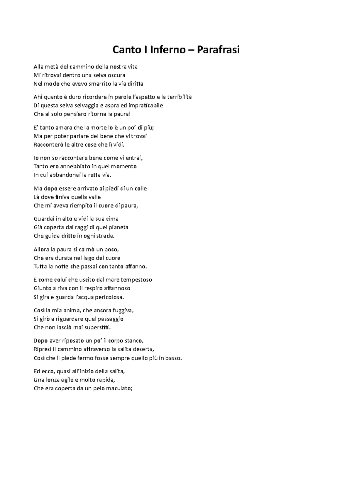 Canto I Inferno - Parafrasi - Letteratura Italiana - UniPr - Studocu